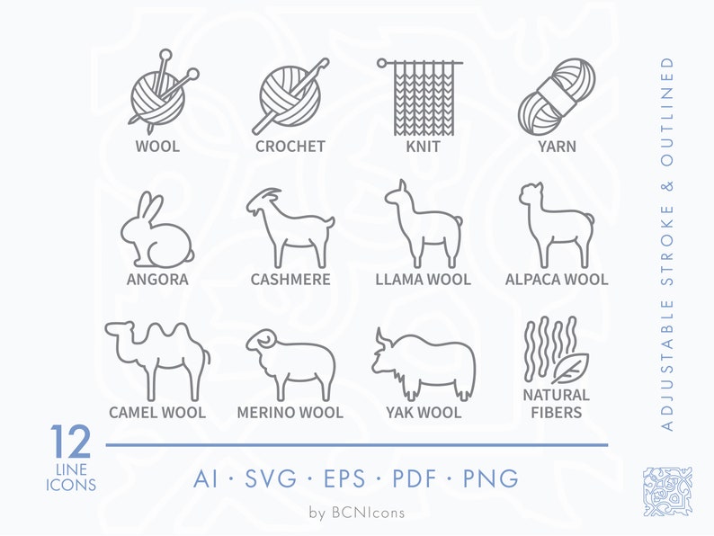 Wool Types Symbols Line Icons Pack SVG, Textile Animal Fiber ...