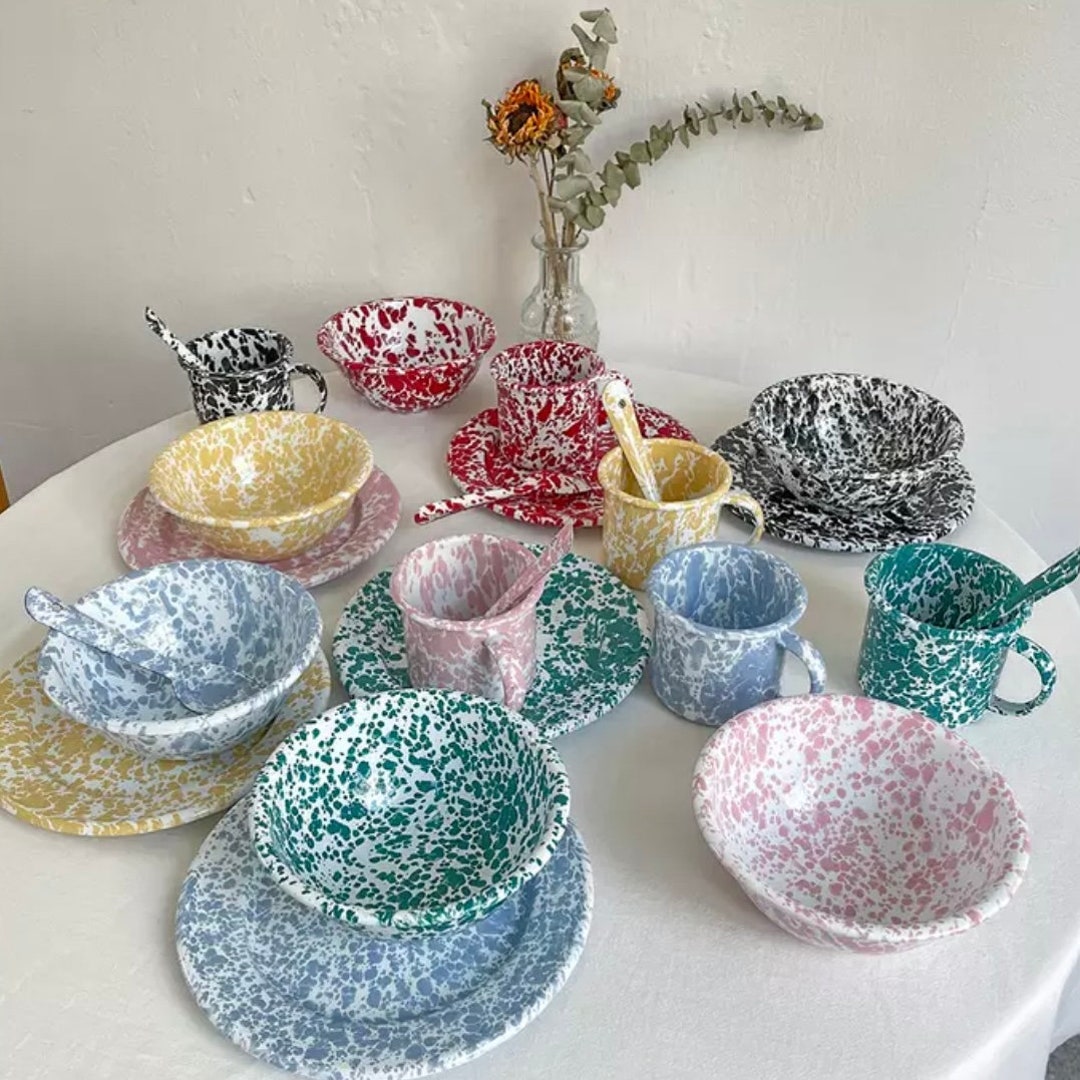 Enamel Splatter Ink. Plate, Mug, Bowl and Spoon. Pink, Blue, Yellow ...