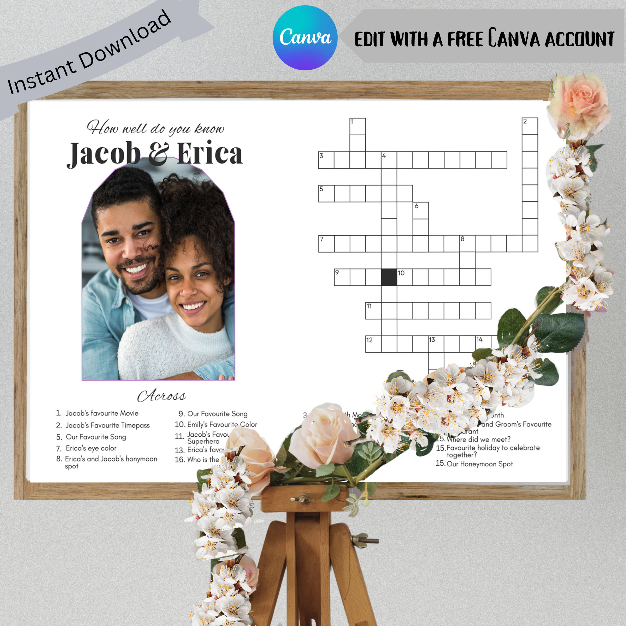 Custom Wedding Crossword Puzzle, Bridal Shower Game (canva Template ...