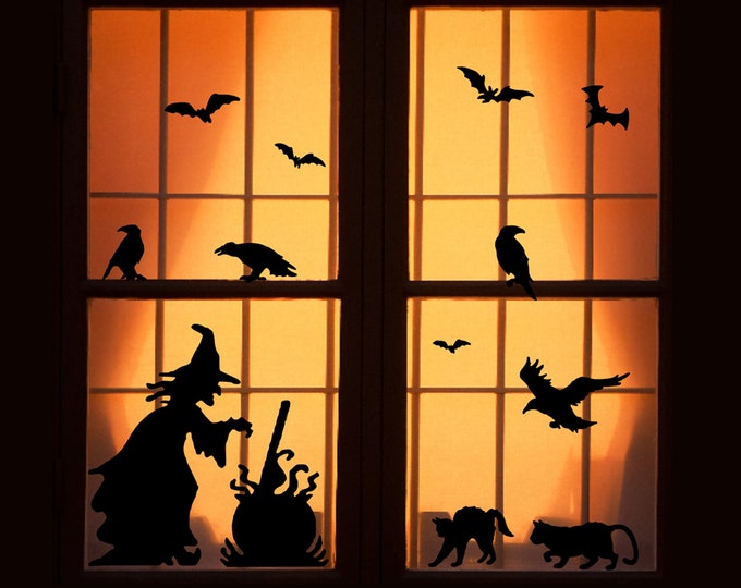 Reusable Halloween Window Clings - Witch With Cauldron, Black Cats ...