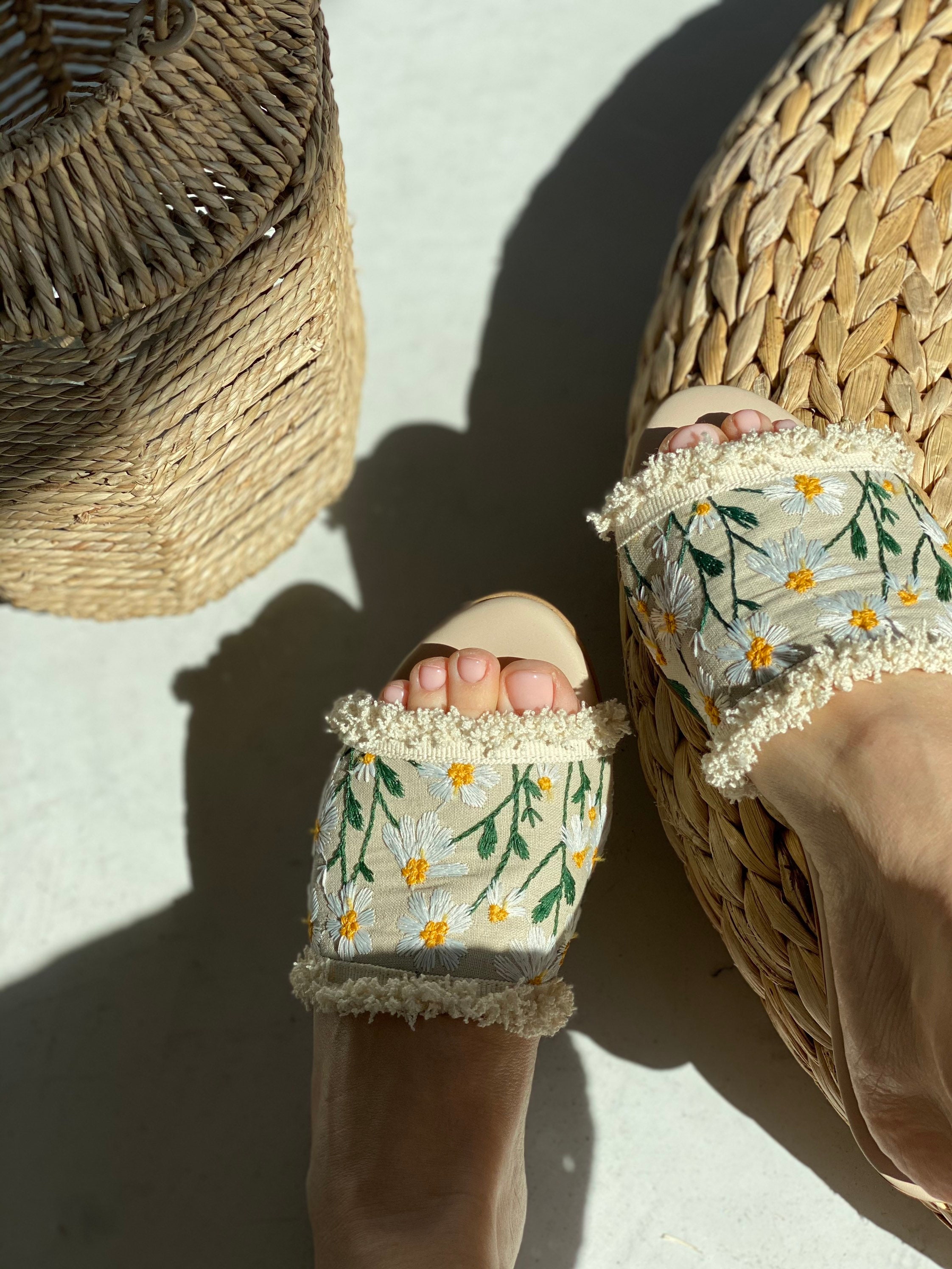 Flower Print Summer Slides With Leather Insole - Etsy