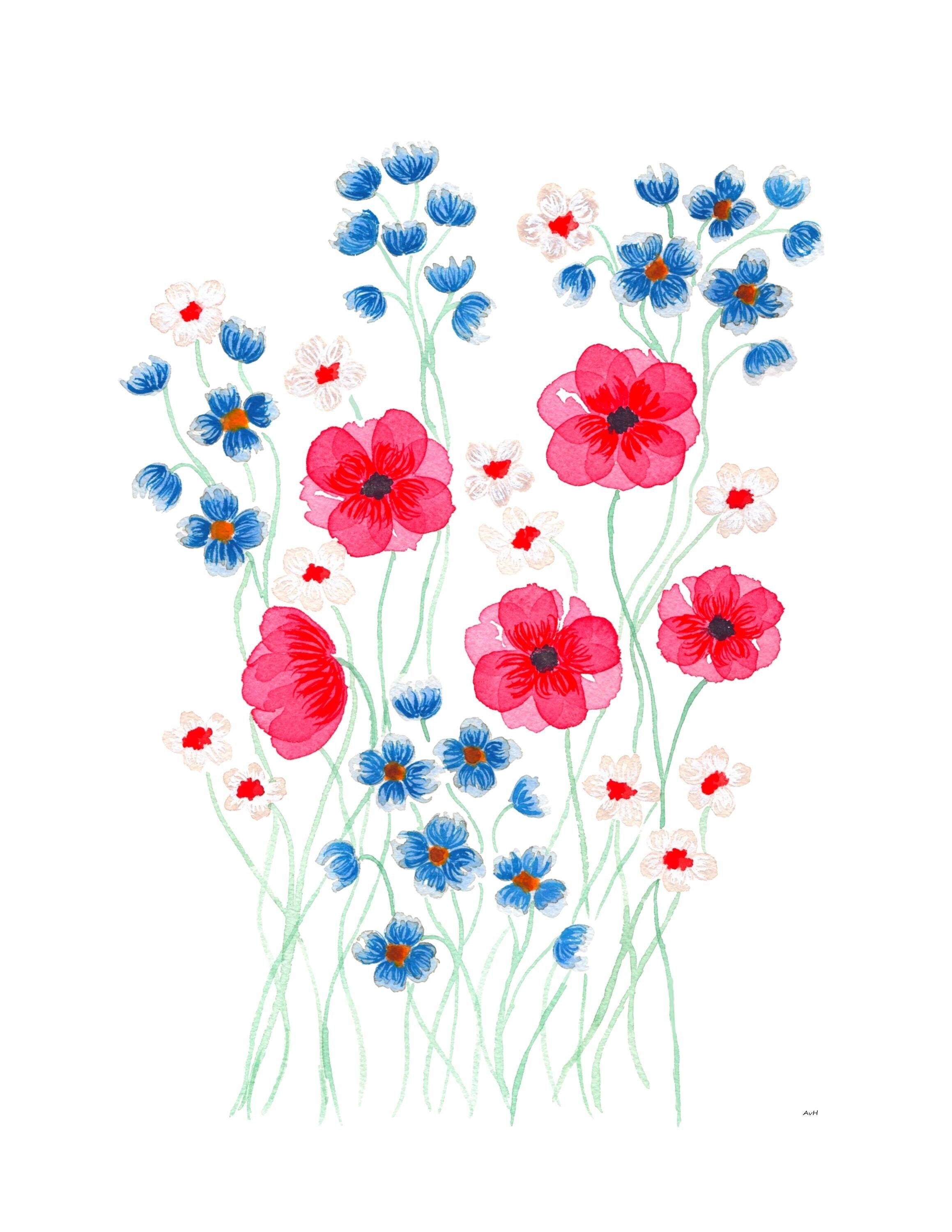 Watercolor Red and Blue Flowers - Etsy