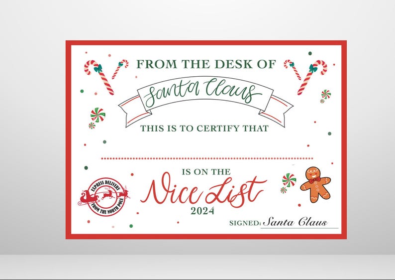Nice List Certificate Digital Download Christmas Certificate Santa ...