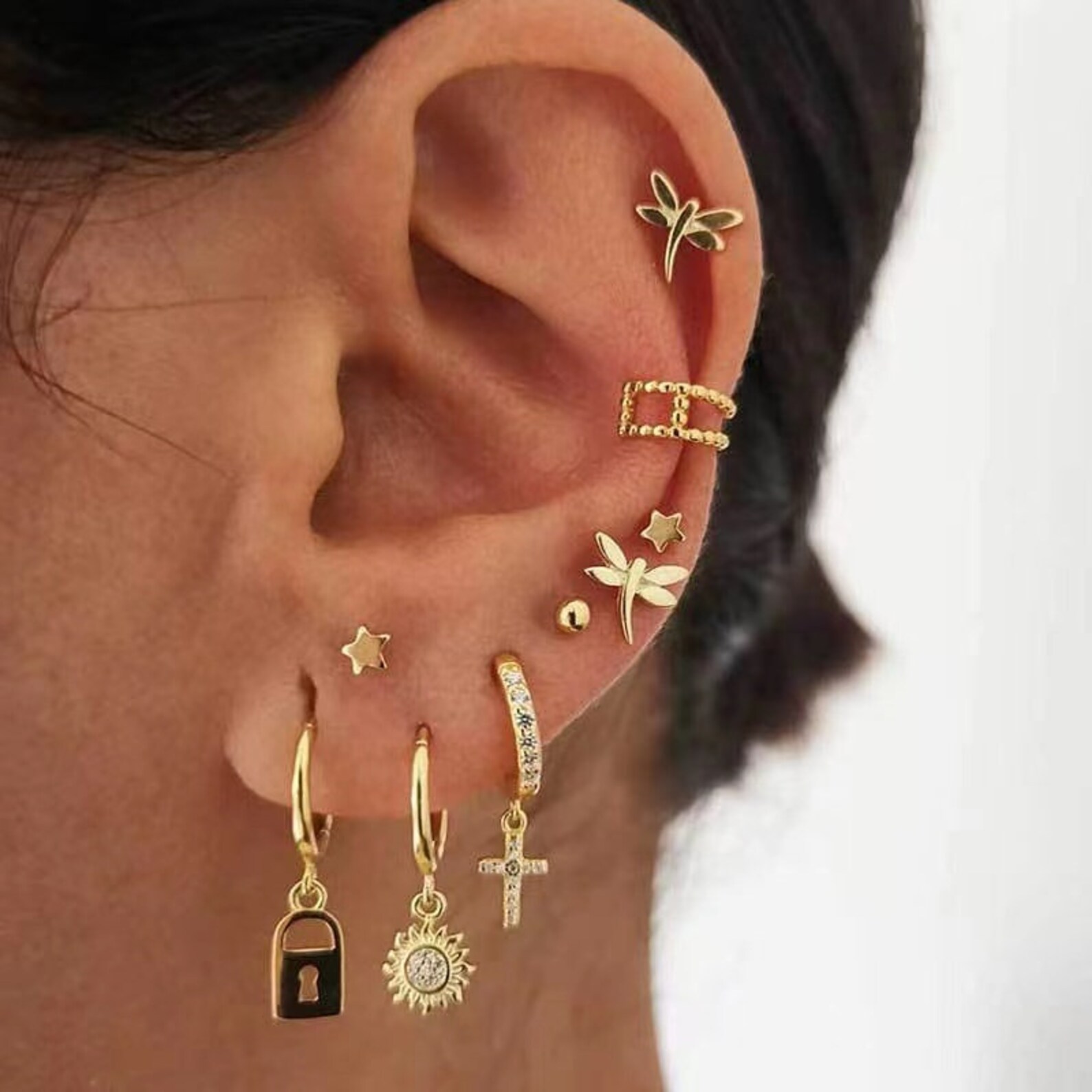 Multiple Gold Earring Set With Cuff, Cartilage Earrings, Mini Hoop ...