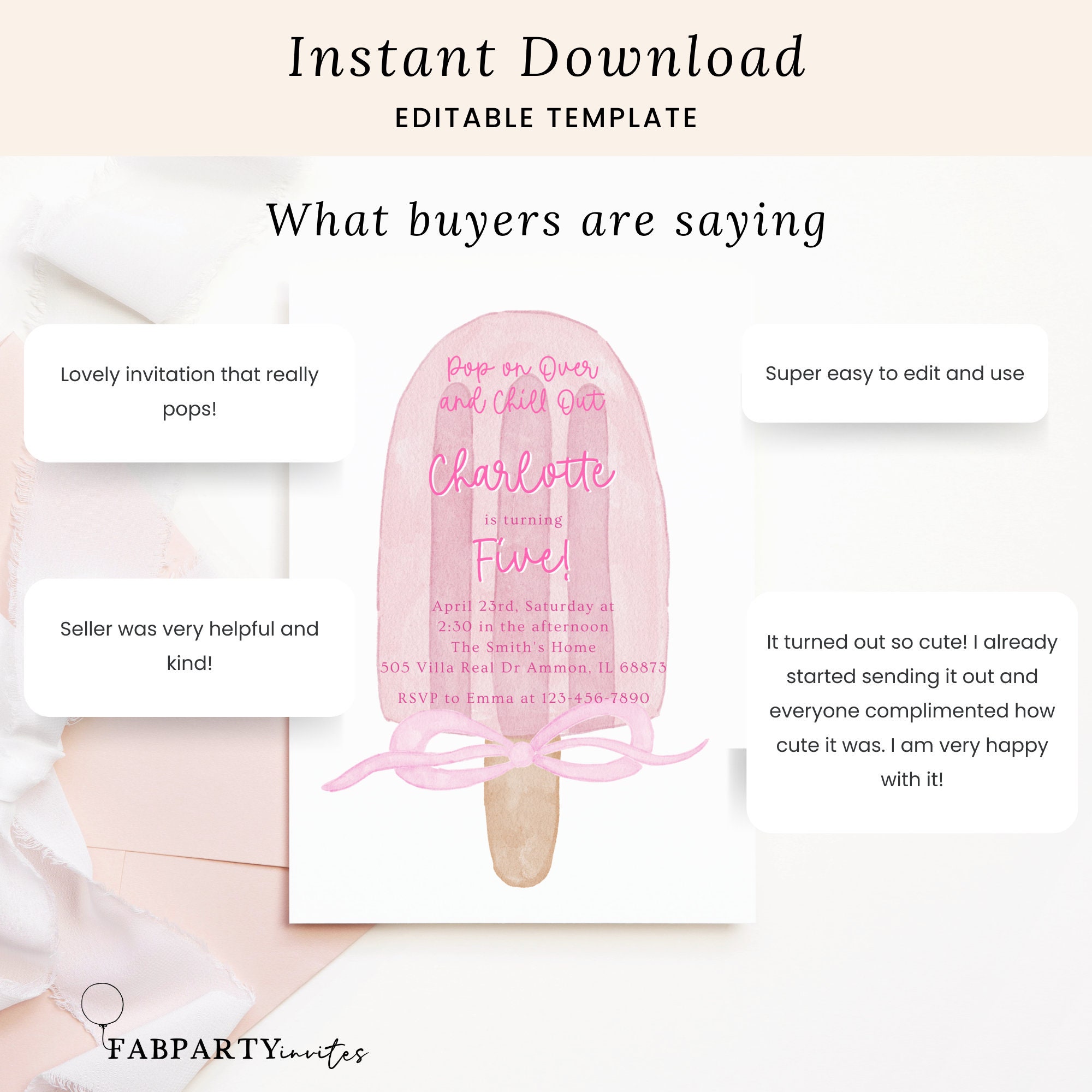 Editable Popsicle Birthday Invitation, Watercolor Pink Popsicle ...