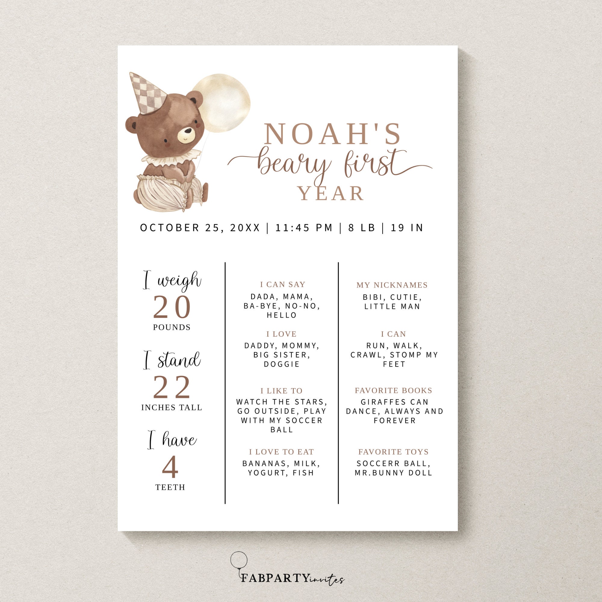 First Birthday Milestone Sign, Beary 1st Birthday Baby Milestone ...