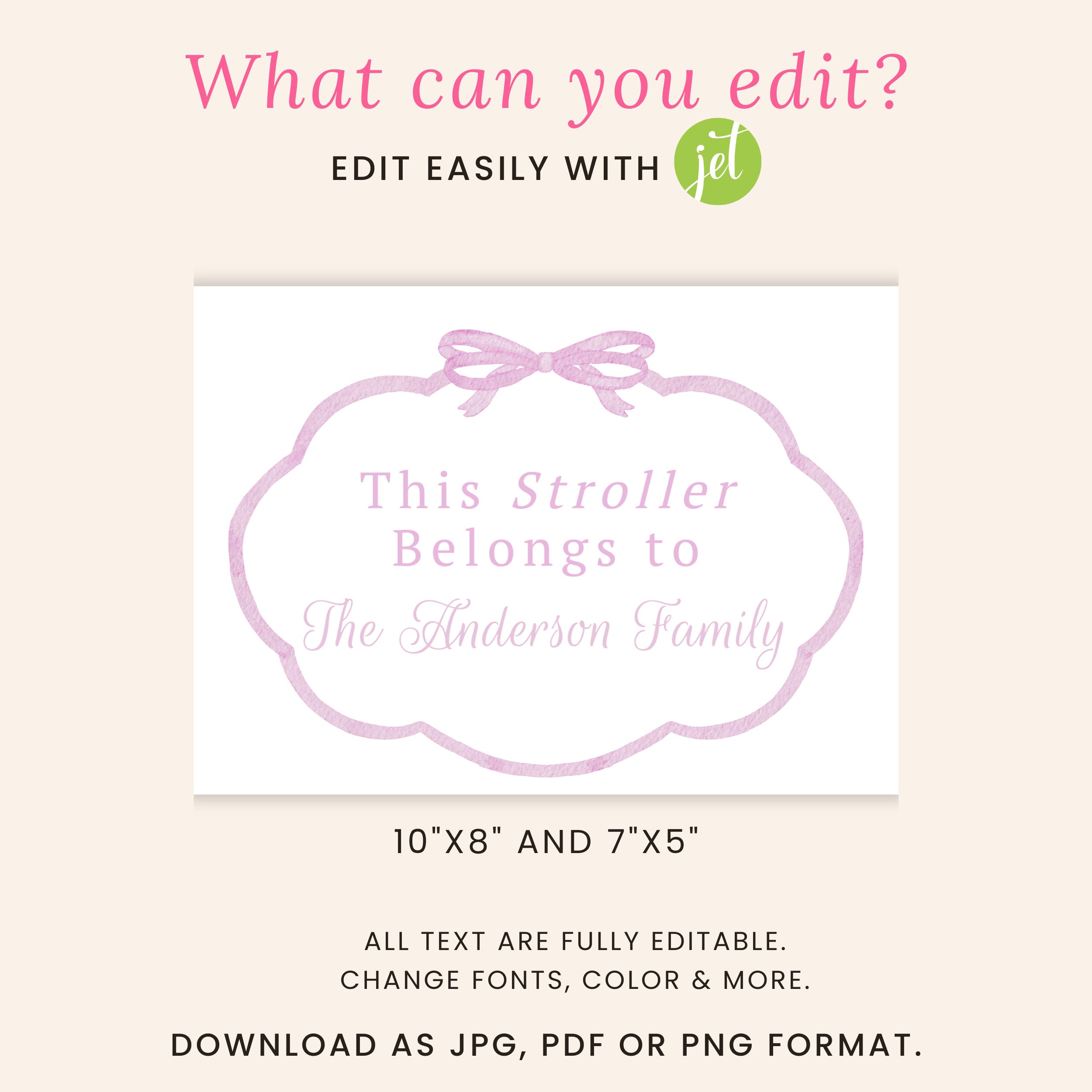 Printable Stroller Tag, Pink Bow Stroller Tag Editable Template, Girl ...
