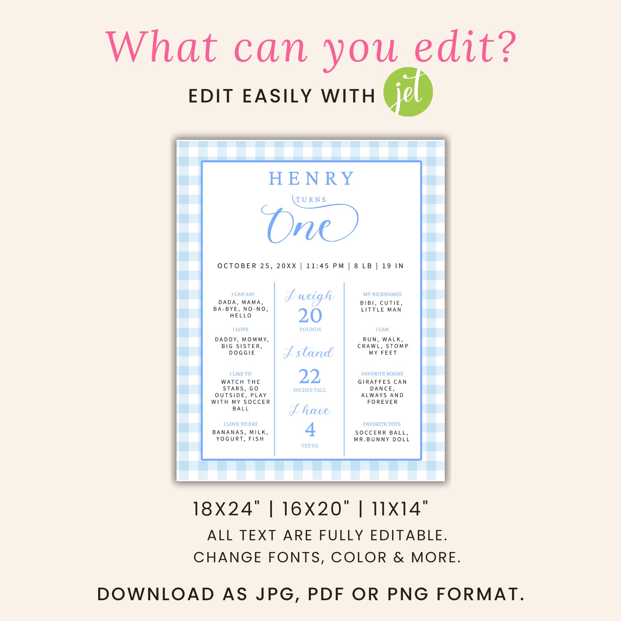 Milestone Sign First Birthday Boy, Blue Gingham Milestone Board ...