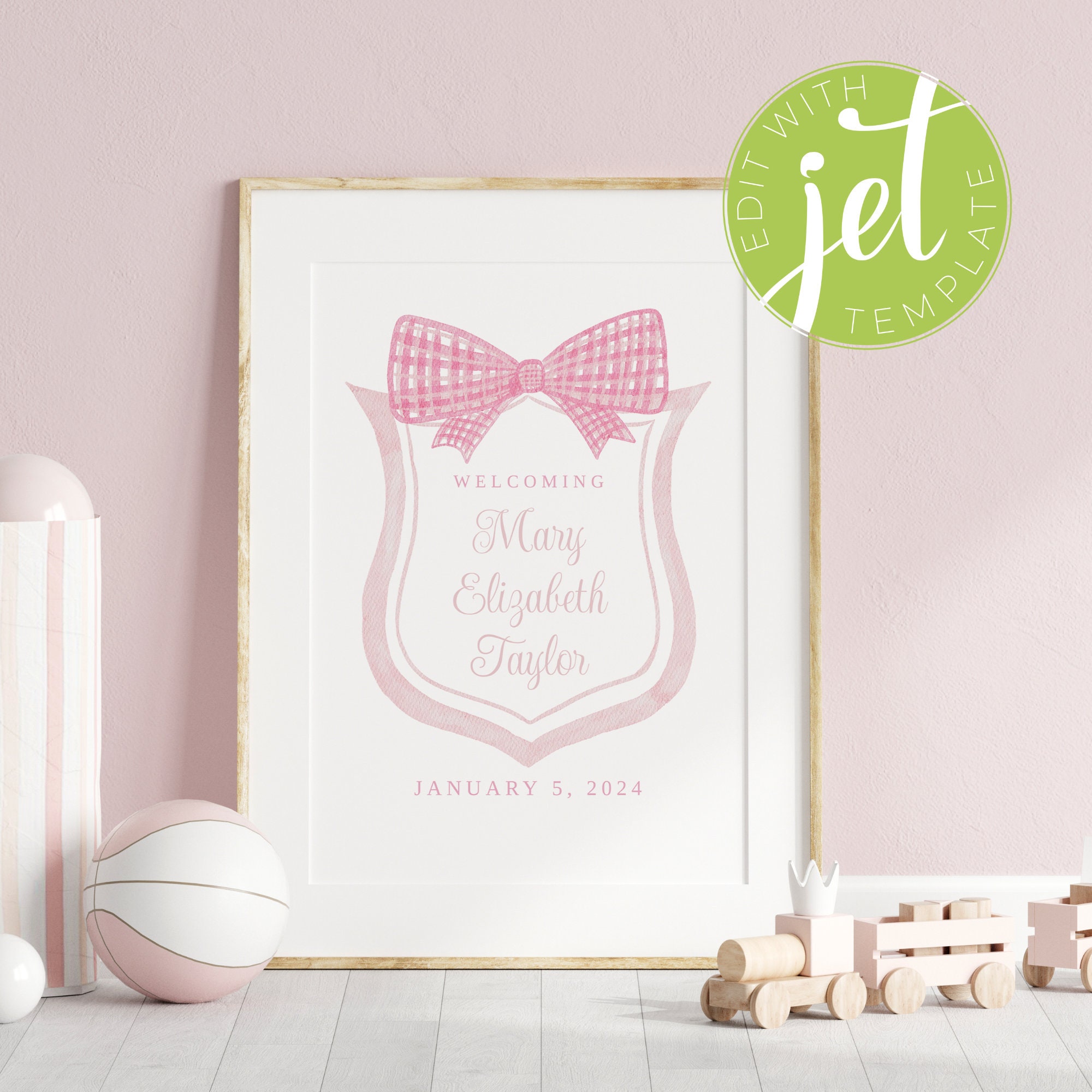 Pink Crest Welcome Baby Printable Sign, Gingham Bow Welcome ...