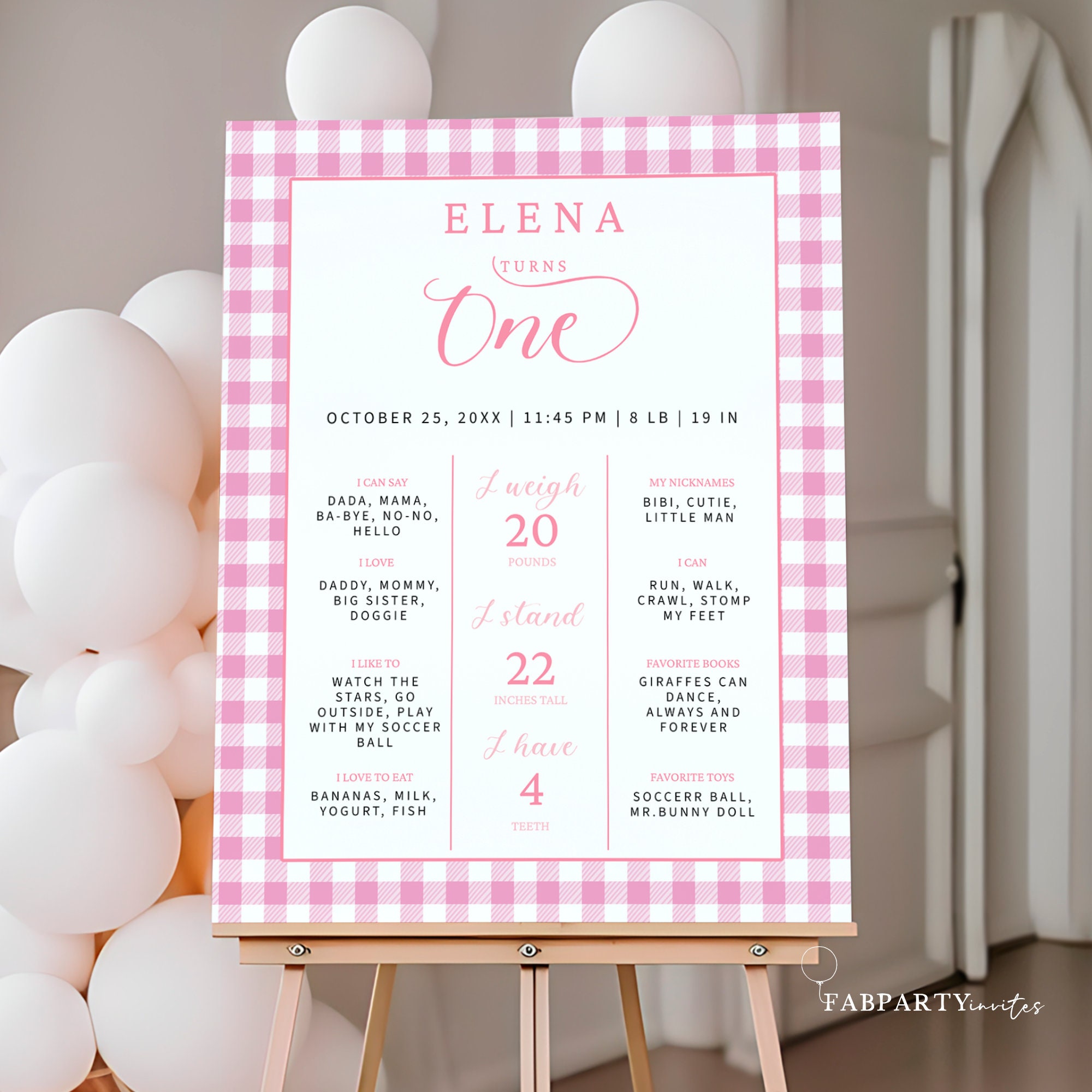 First Birthday Milestone Sign, Pink Gingham Girl Birthday Party, Girl ...