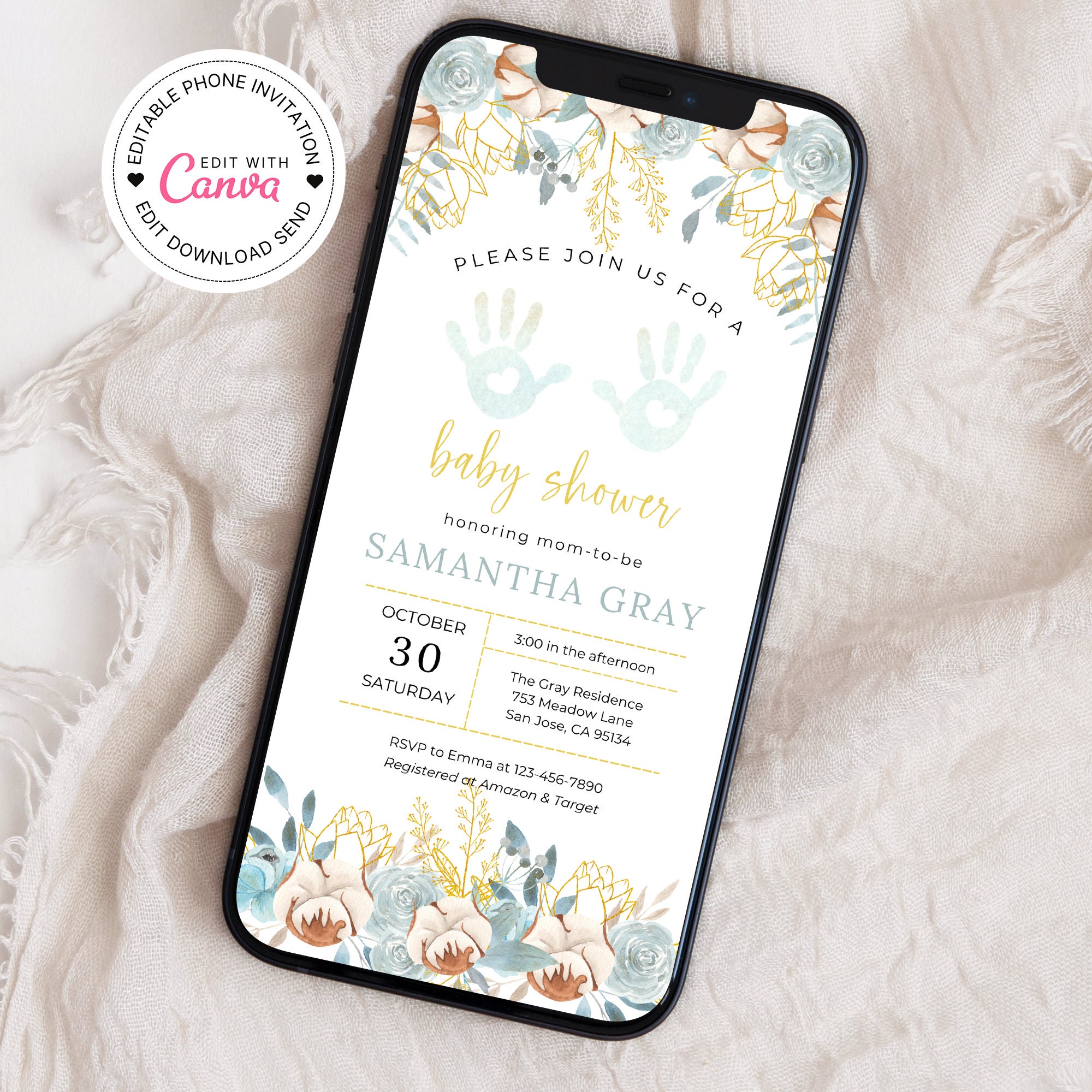 Blue Handprint Baby Shower Evite Template, Blue Floral Baby Shower ...