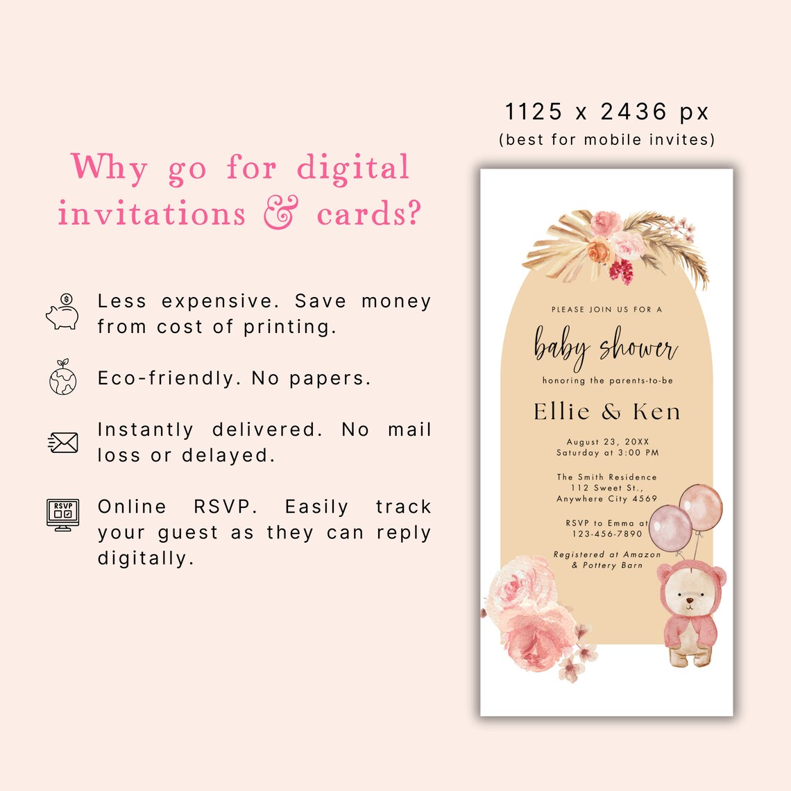 Boho Baby Shower Evite, Editable Baby Shower Digital Invitation ...