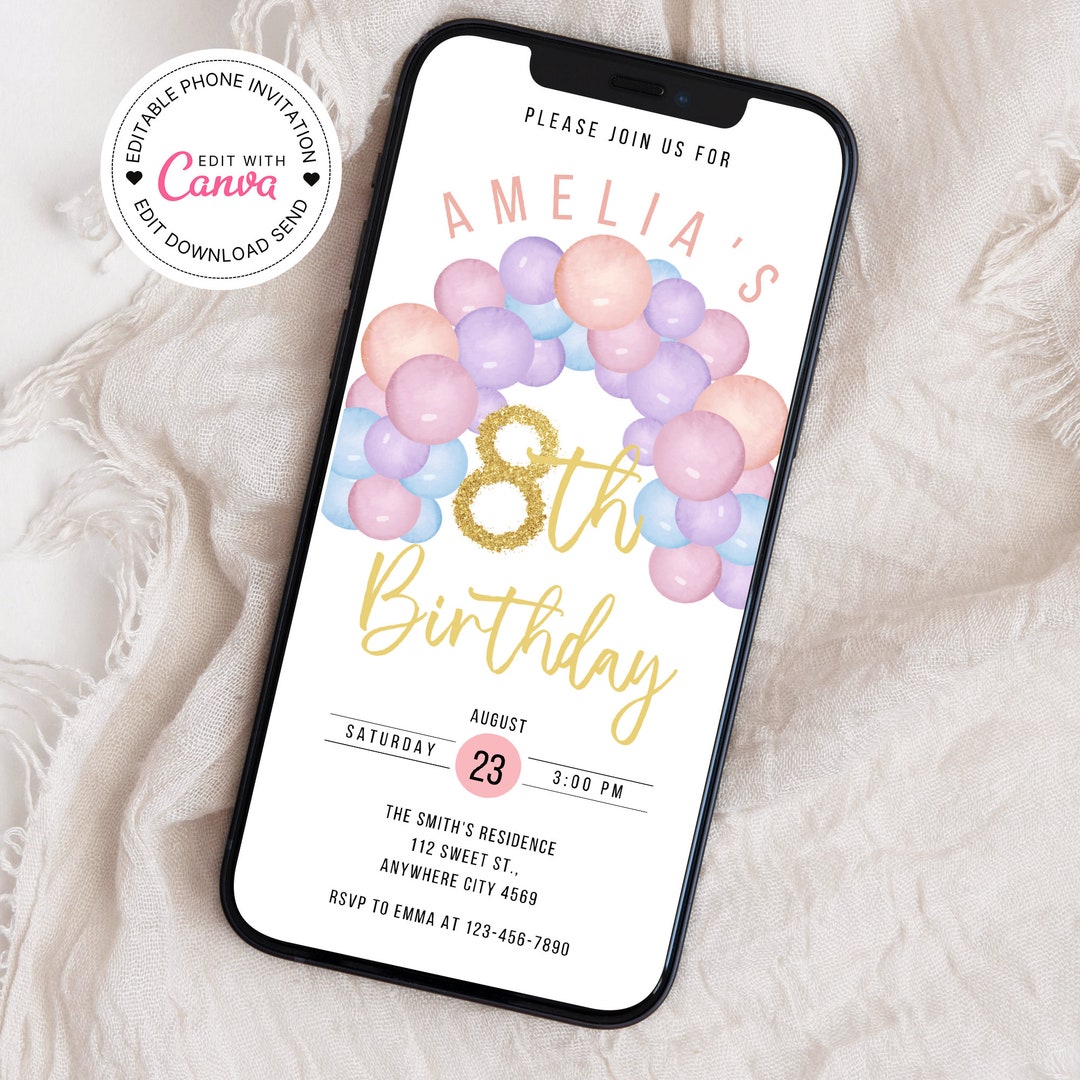 Pastel Rainbow 8th Birthday Evite Template, Eight Birthday Digital ...