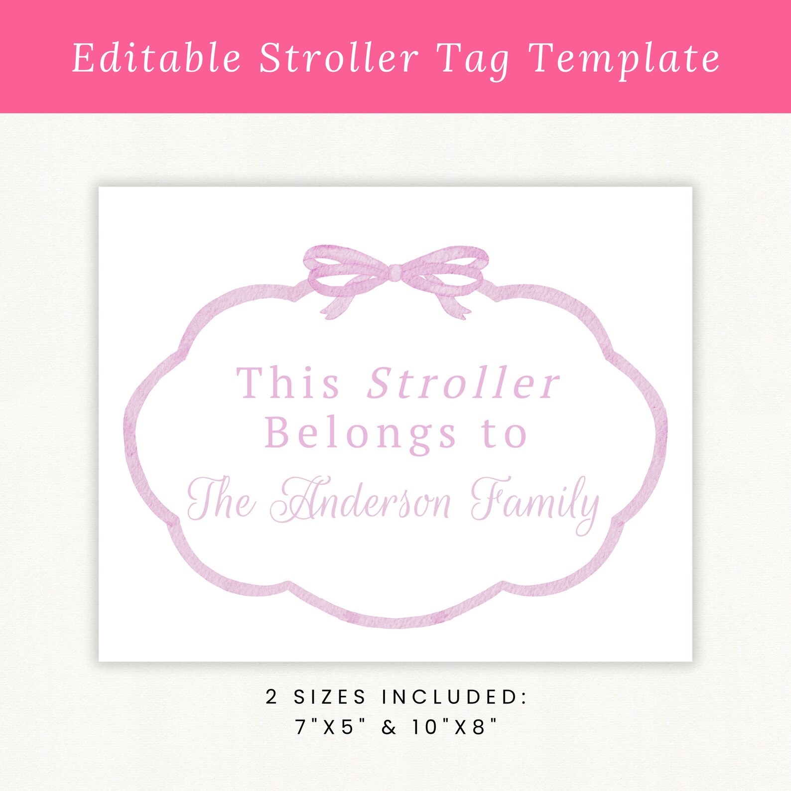 Printable Stroller Tag, Pink Bow Stroller Tag Editable Template, Girl ...