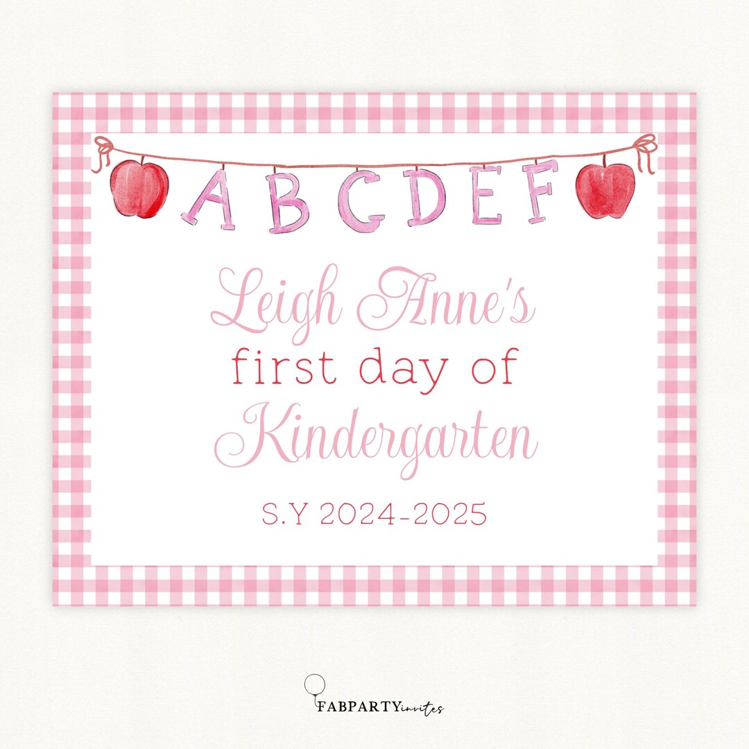 Pink Gingham First Day of School Sign, Printable and Editable School ...