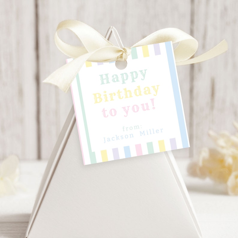 Printable Happy Birthday Gift Tag, Pastel Stripes Kids Gift Tag ...