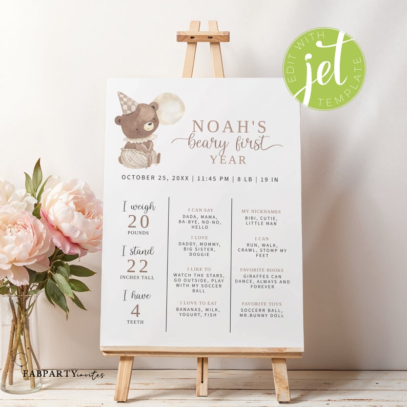 First Birthday Milestone Sign, Beary 1st Birthday Baby Milestone ...
