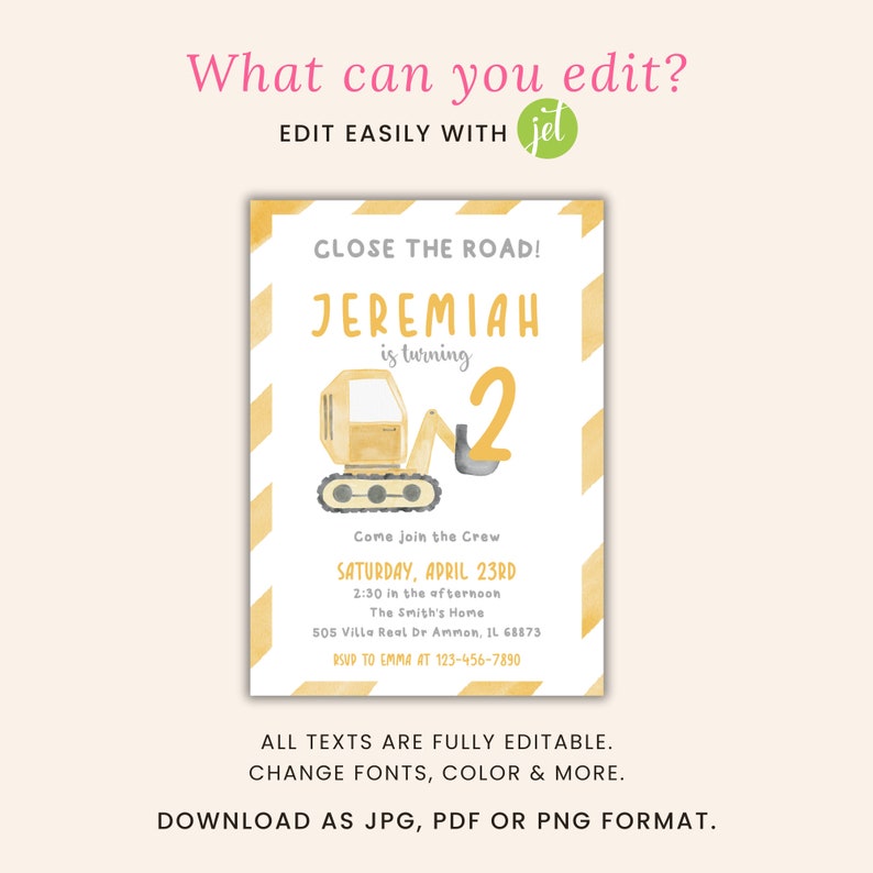 Construction Birthday Invitation, 5 X 7 Printable Invite, Boy Birthday ...