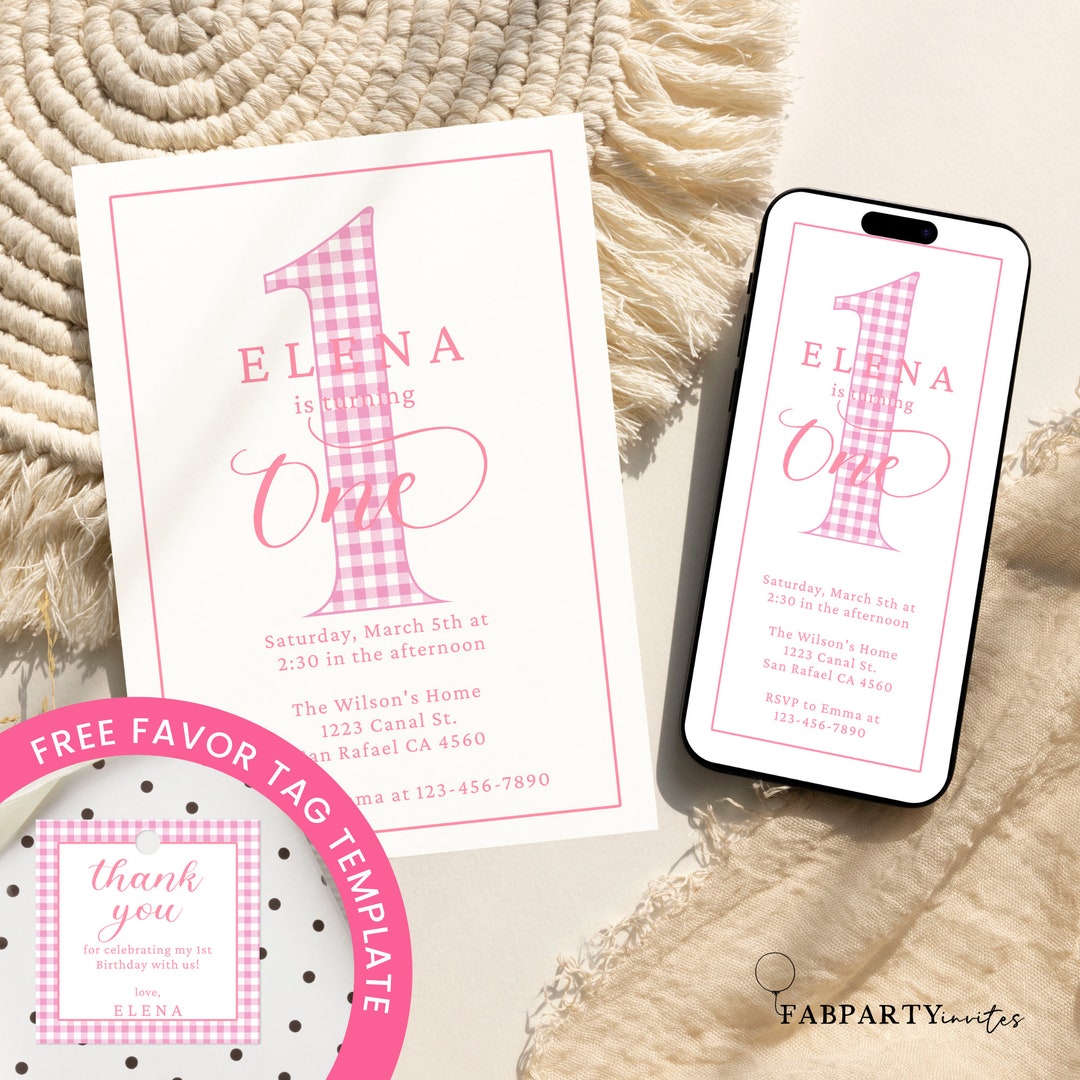 Pink Gingham First Birthday Invitation Set (printable & Digital) - Etsy