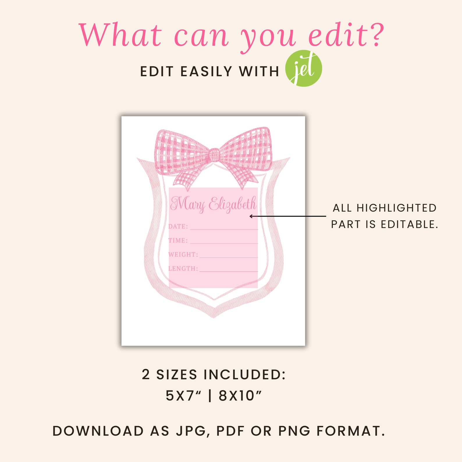 Baby Stats Sign Printable for Girl, Pink Crest Baby Stat Card for ...