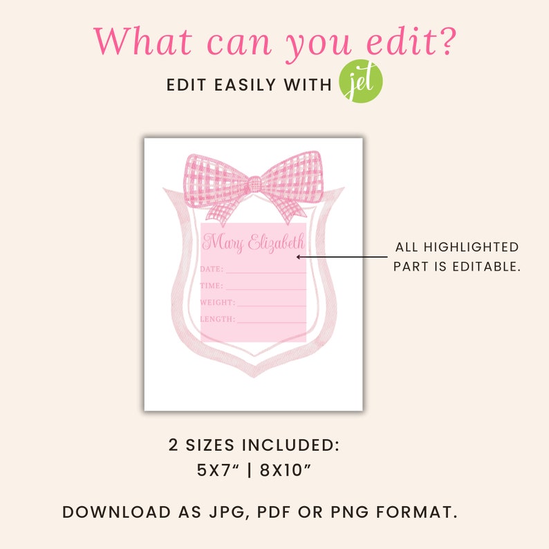 Baby Stats Sign Printable for Girl, Pink Crest Baby Stat Card for ...