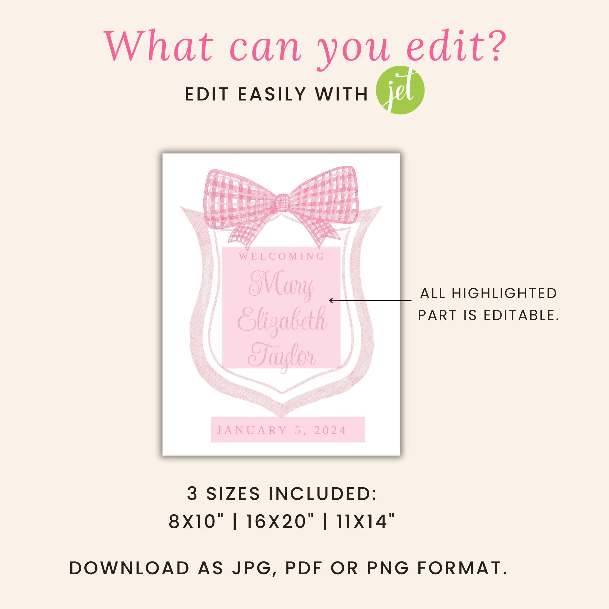 Pink Crest Welcome Baby Printable Sign, Gingham Bow Welcome ...