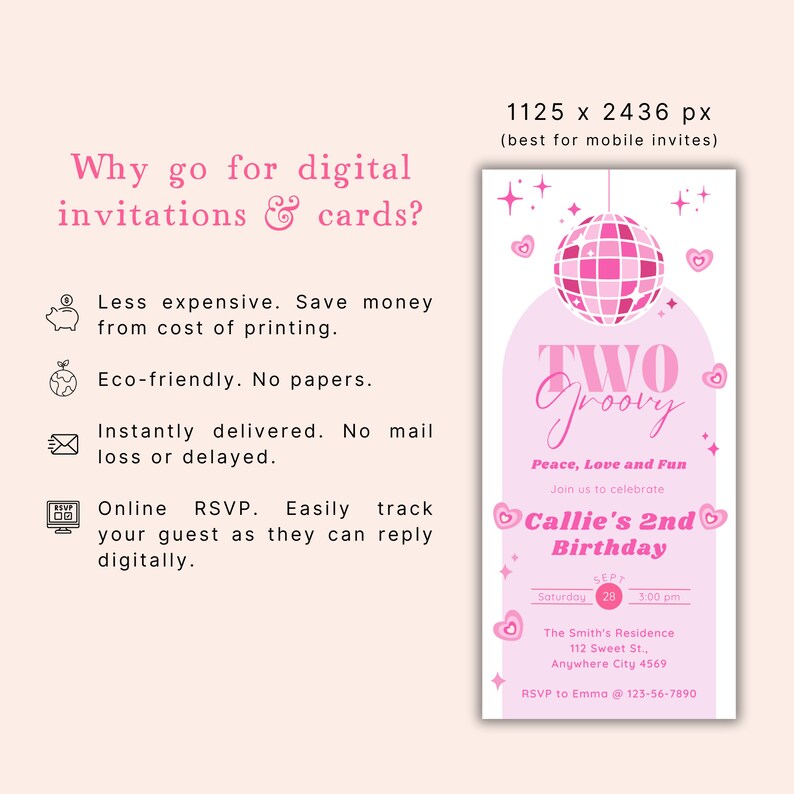 Editable Two Groovy Birthday Party Evite Invitation, Peace Love Fun ...