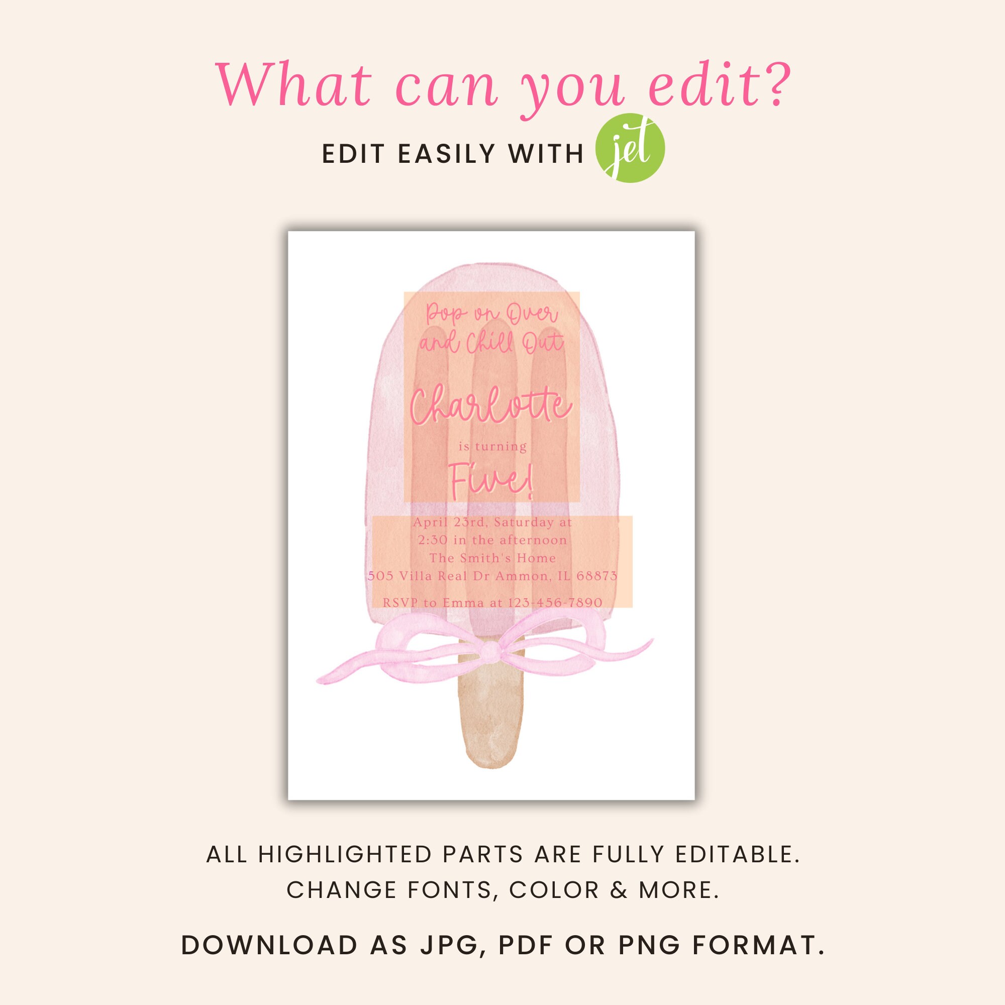 Editable Popsicle Birthday Invitation, Watercolor Pink Popsicle ...