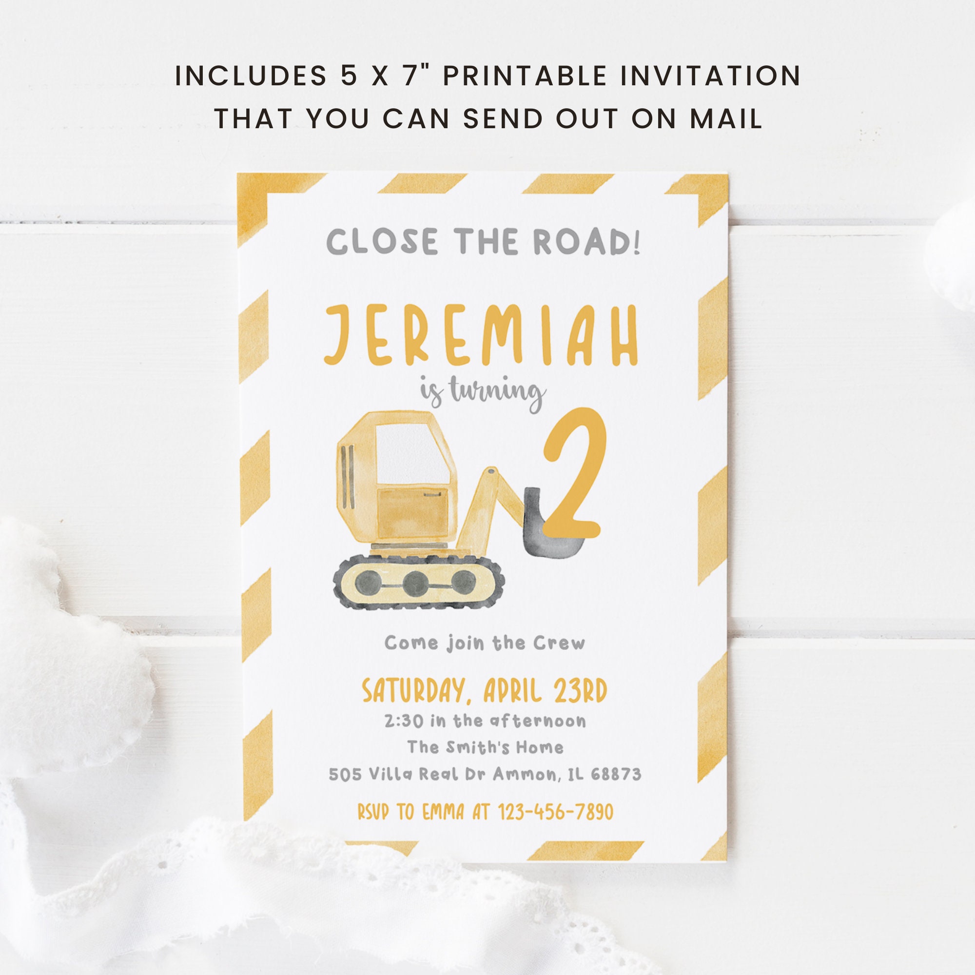 Construction Birthday Invitation Bundle, Watercolor Excavator Invite ...