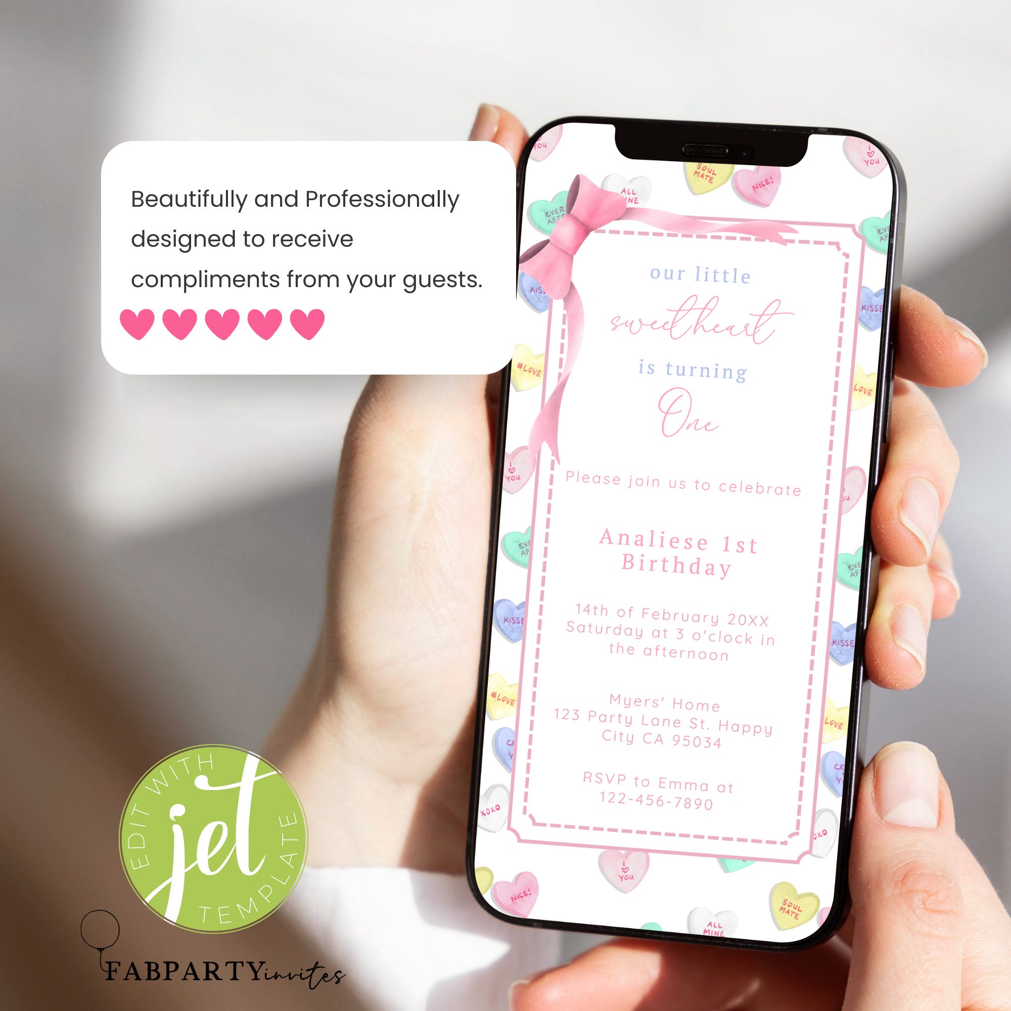 Candy Hearts Birthday SMS Invitation Template, Editable Watercolor ...