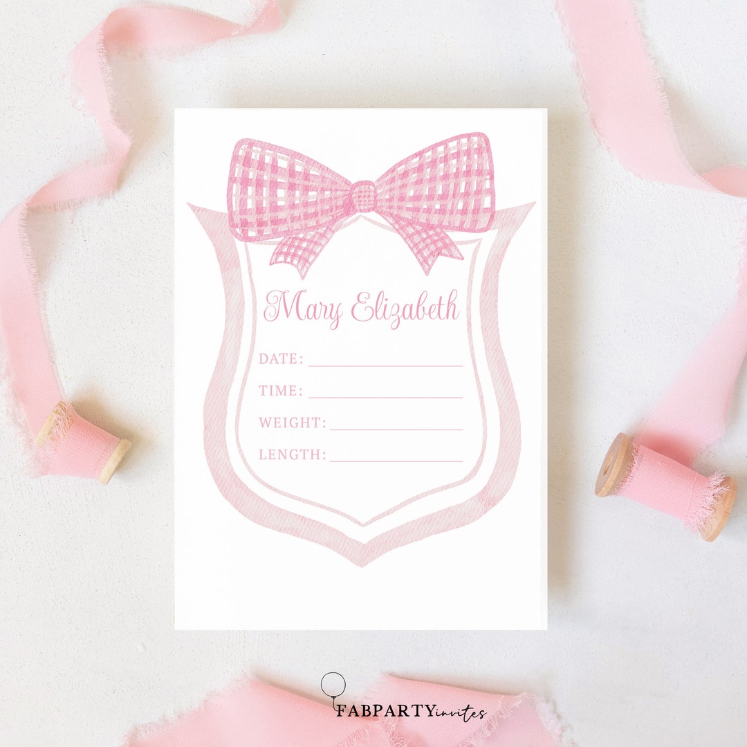 Baby Stats Sign Printable for Girl, Pink Crest Baby Stat Card for ...