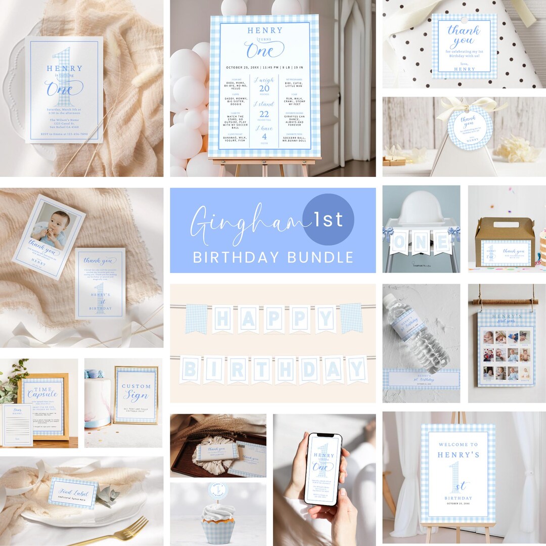 Blue Gingham First Birthday Invitation Bundle, Boy 1st Birthday, Blue ...