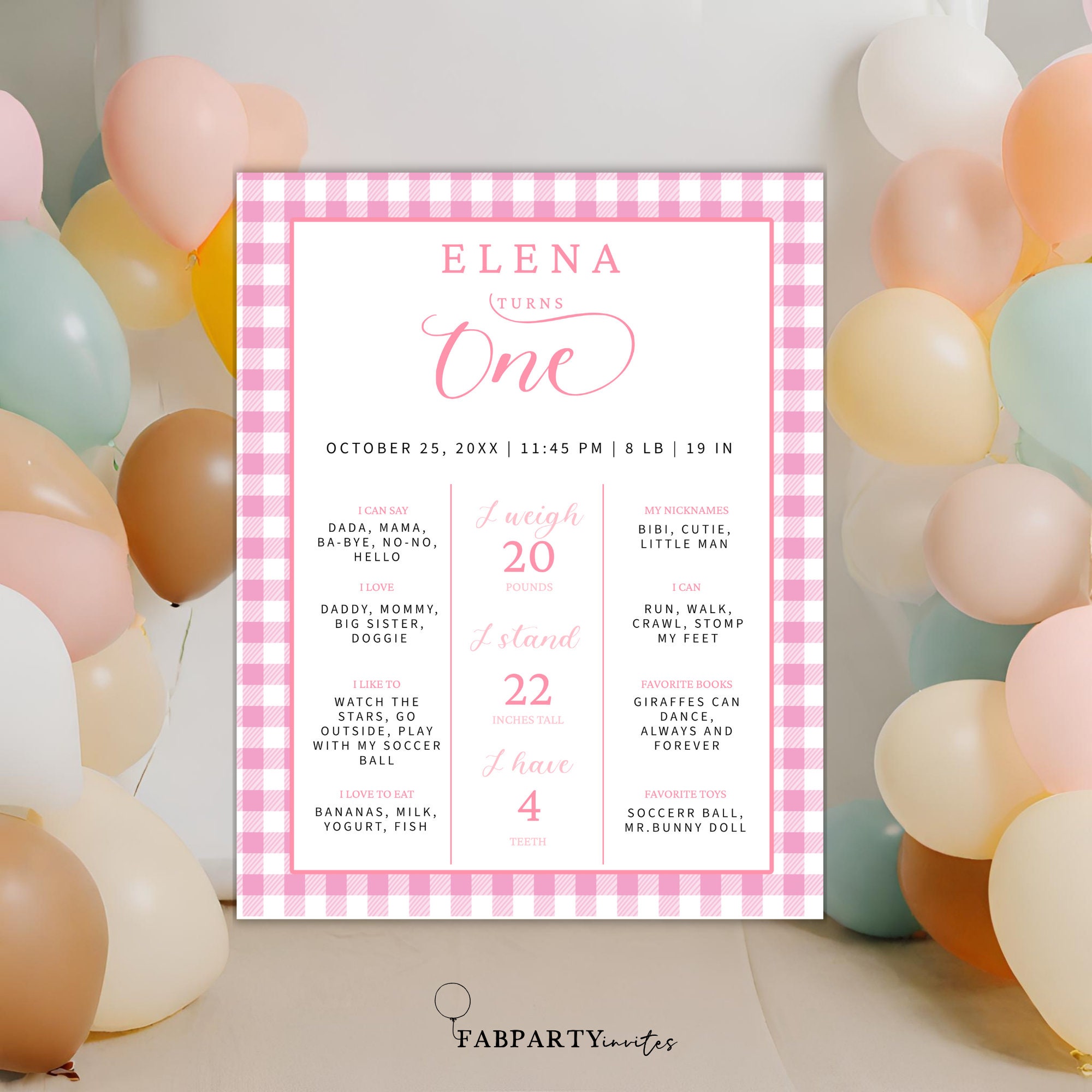 First Birthday Milestone Sign, Pink Gingham Girl Birthday Party, Girl ...