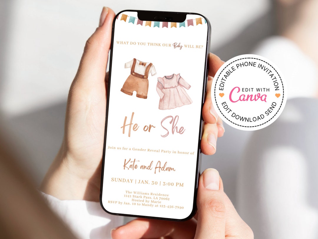 Boho Gender Reveal Party Invitation Bundle, He or She Mobile Invitation ...