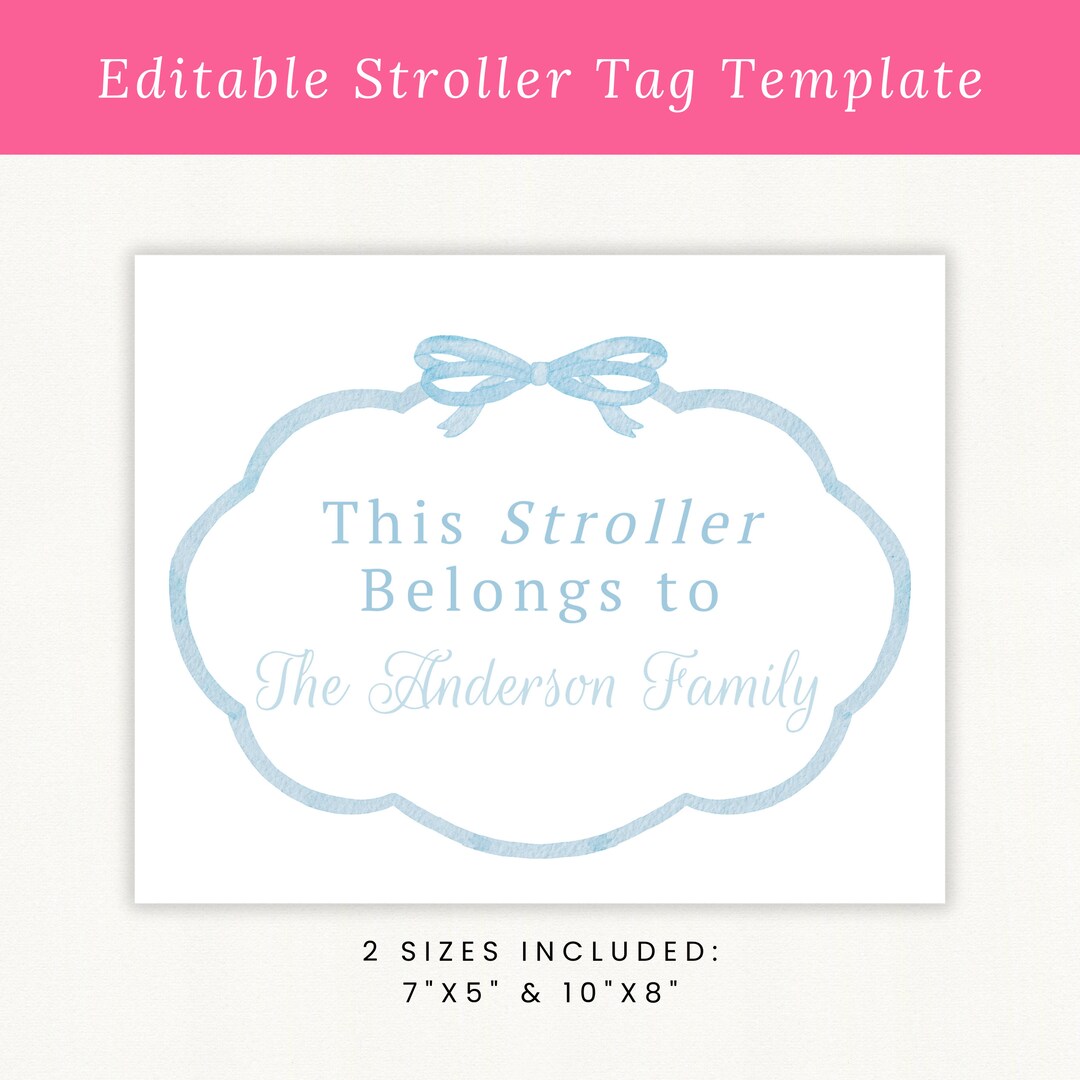 Printable Stroller Tag, Blue Bow Stroller Name Tag Template, DIY ...