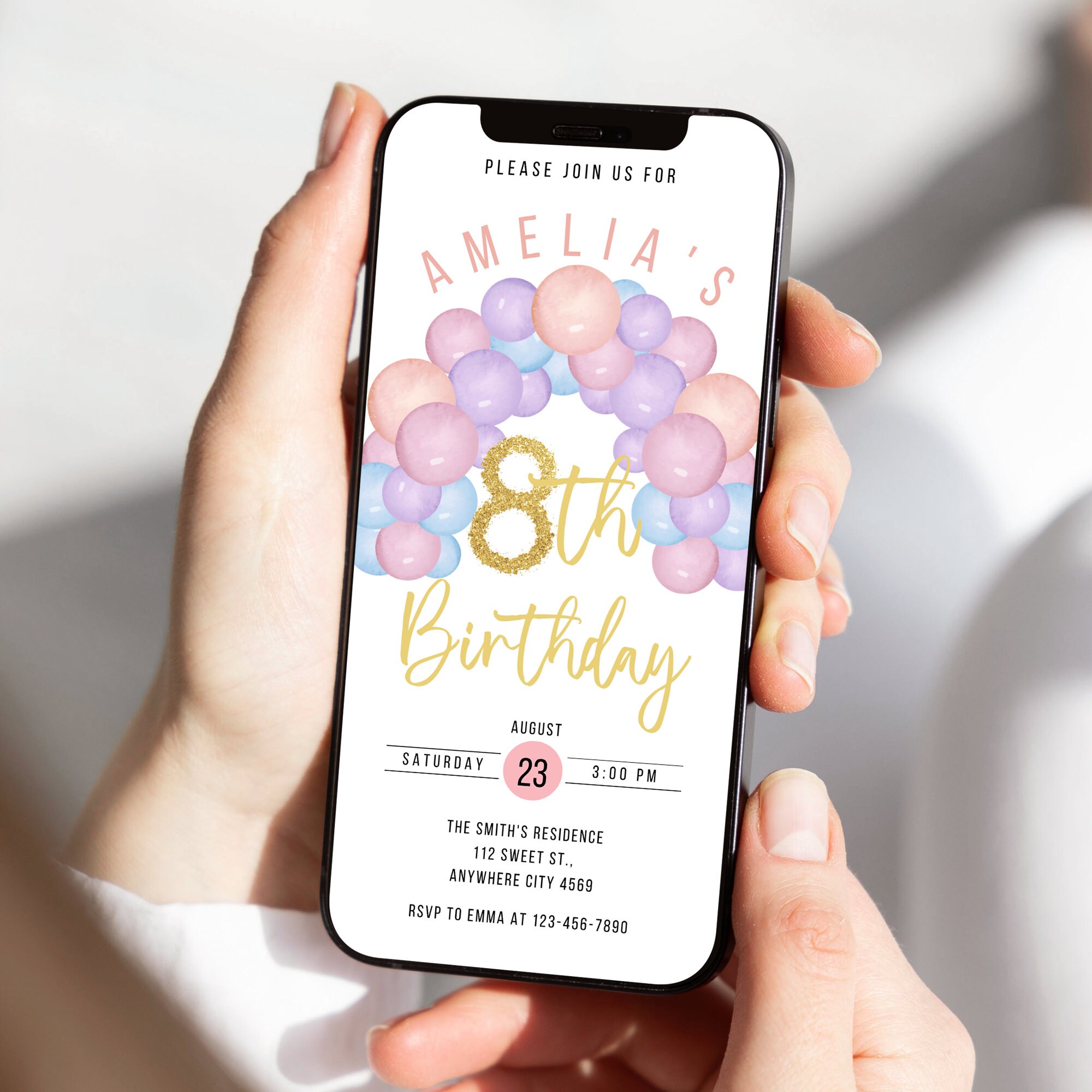 Pastel Rainbow 8th Birthday Evite Template, Eight Birthday Digital ...