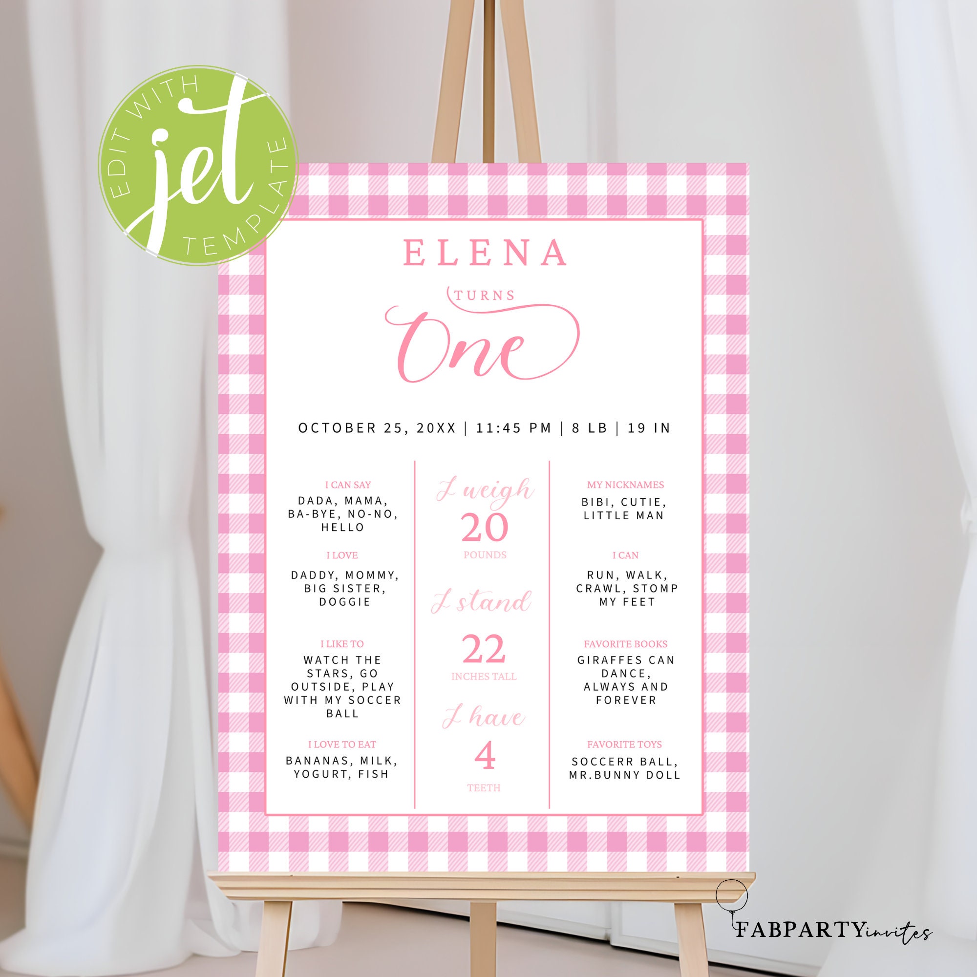 First Birthday Milestone Sign, Pink Gingham Girl Birthday Party, Girl ...