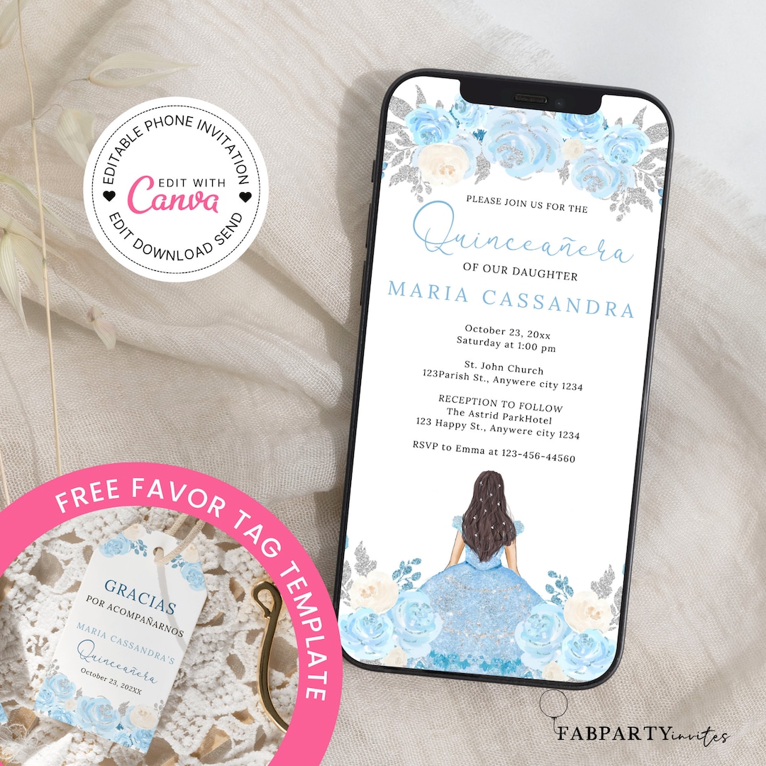 Blue Quinceanera Mobile Invitation, Floral Quinceañera Electronic ...