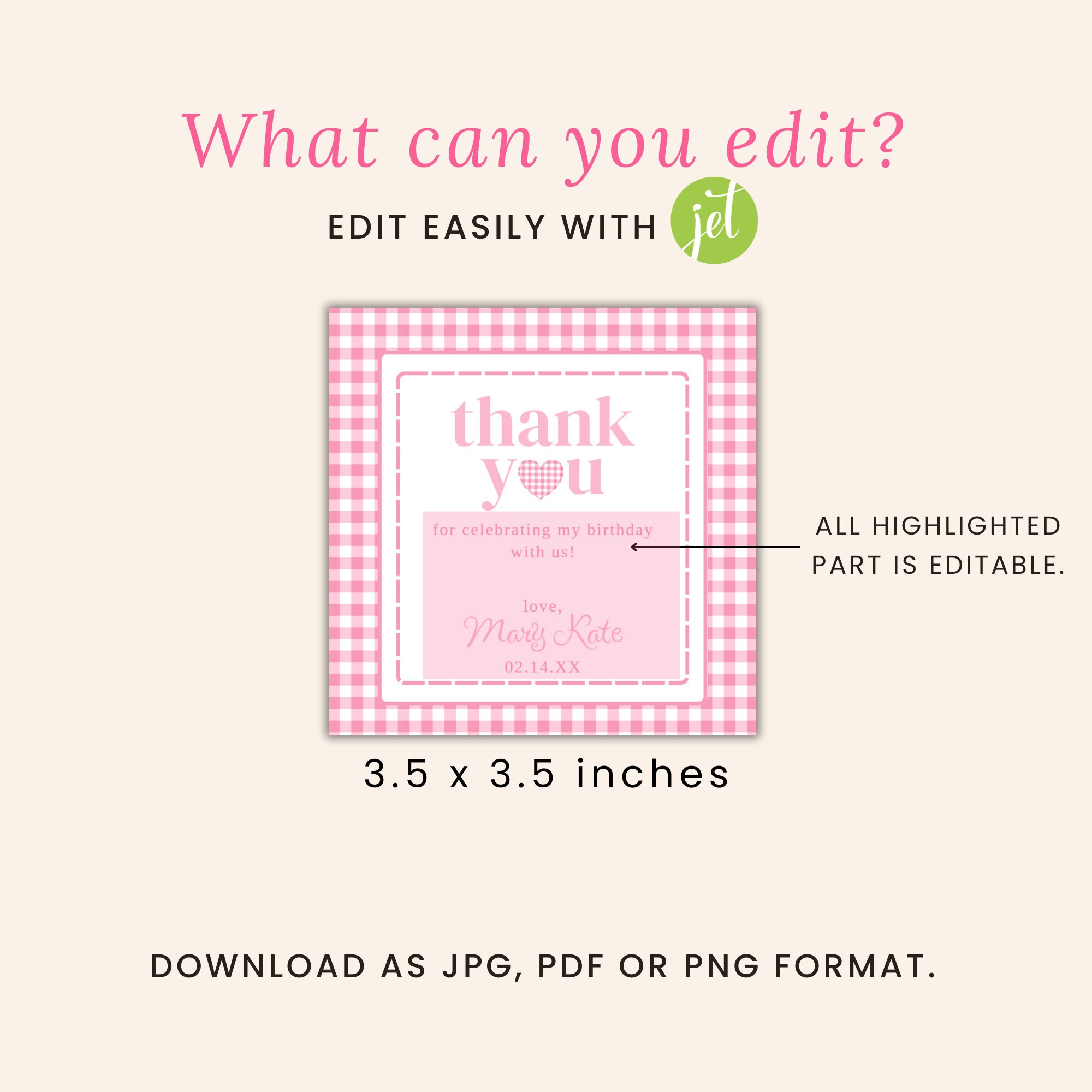 Pink Gingham Favor Tag: Girl Birthday Thank You Sticker (printable ...