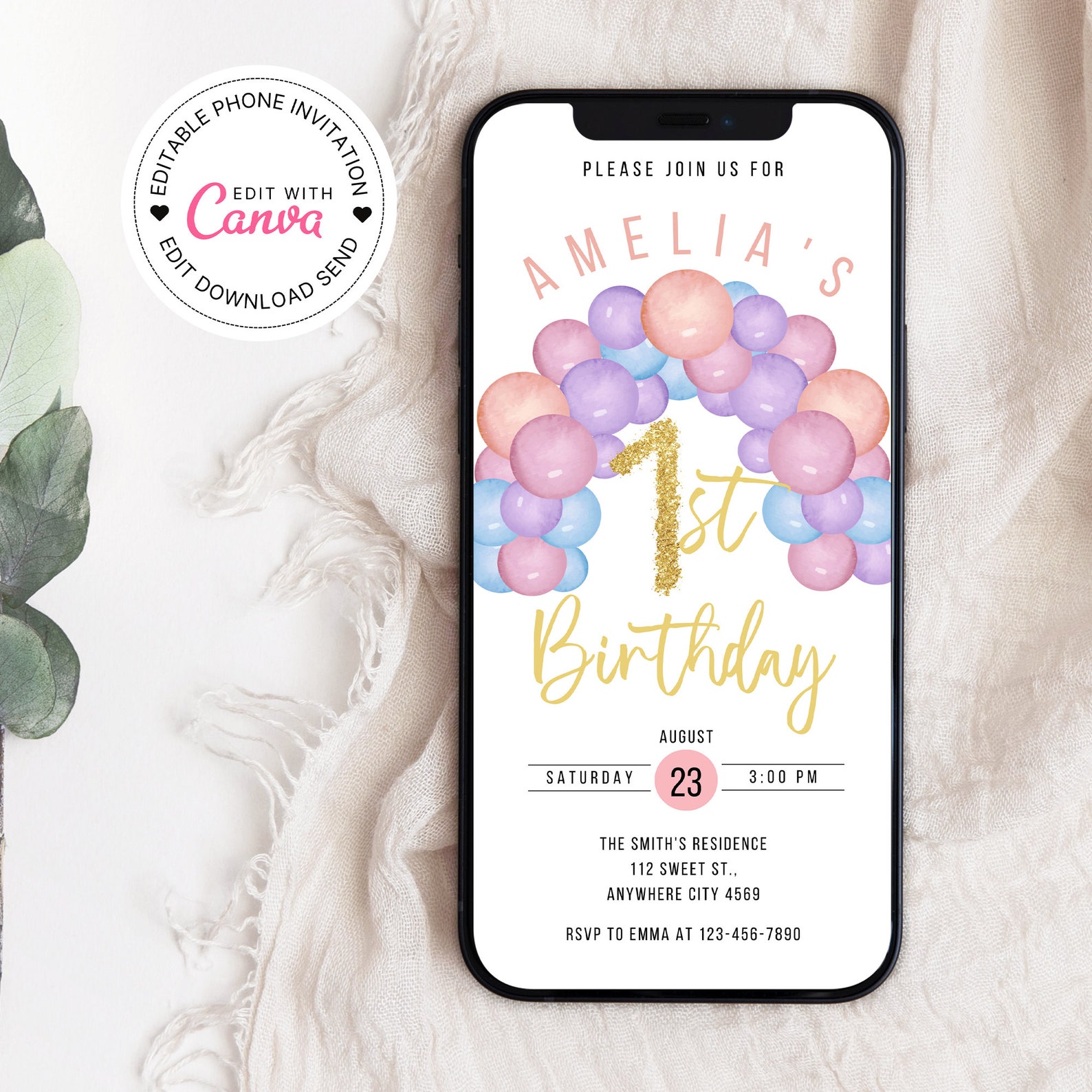 Pastel Rainbow Birthday Evite, Pastel 1st Birthday Digital Invitation ...