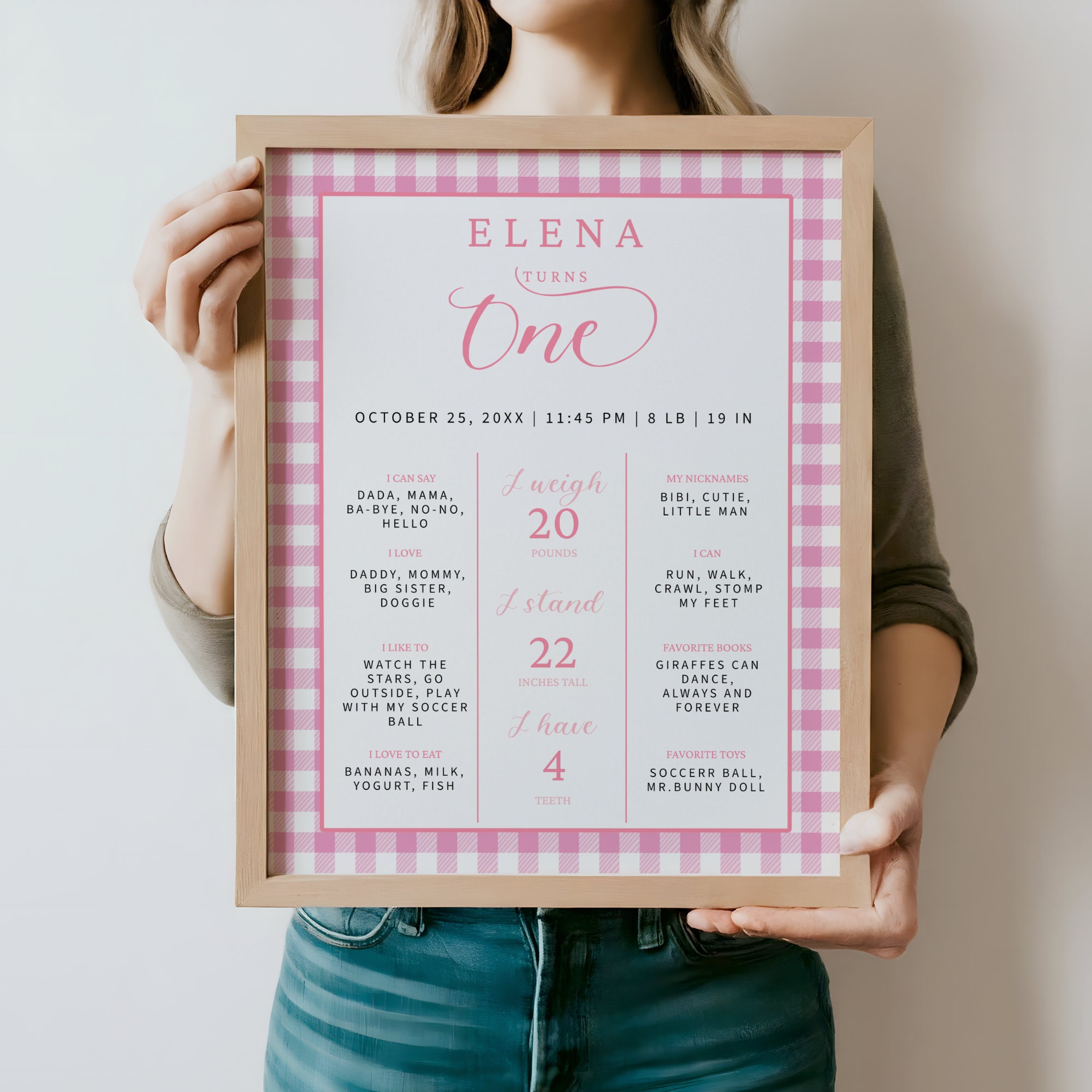 First Birthday Milestone Sign, Pink Gingham Girl Birthday Party, Girl ...