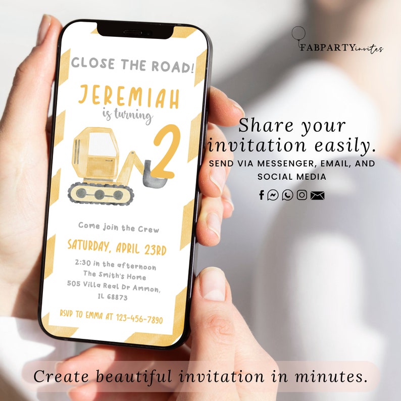 Construction Birthday Invitation Bundle, Watercolor Excavator Invite ...