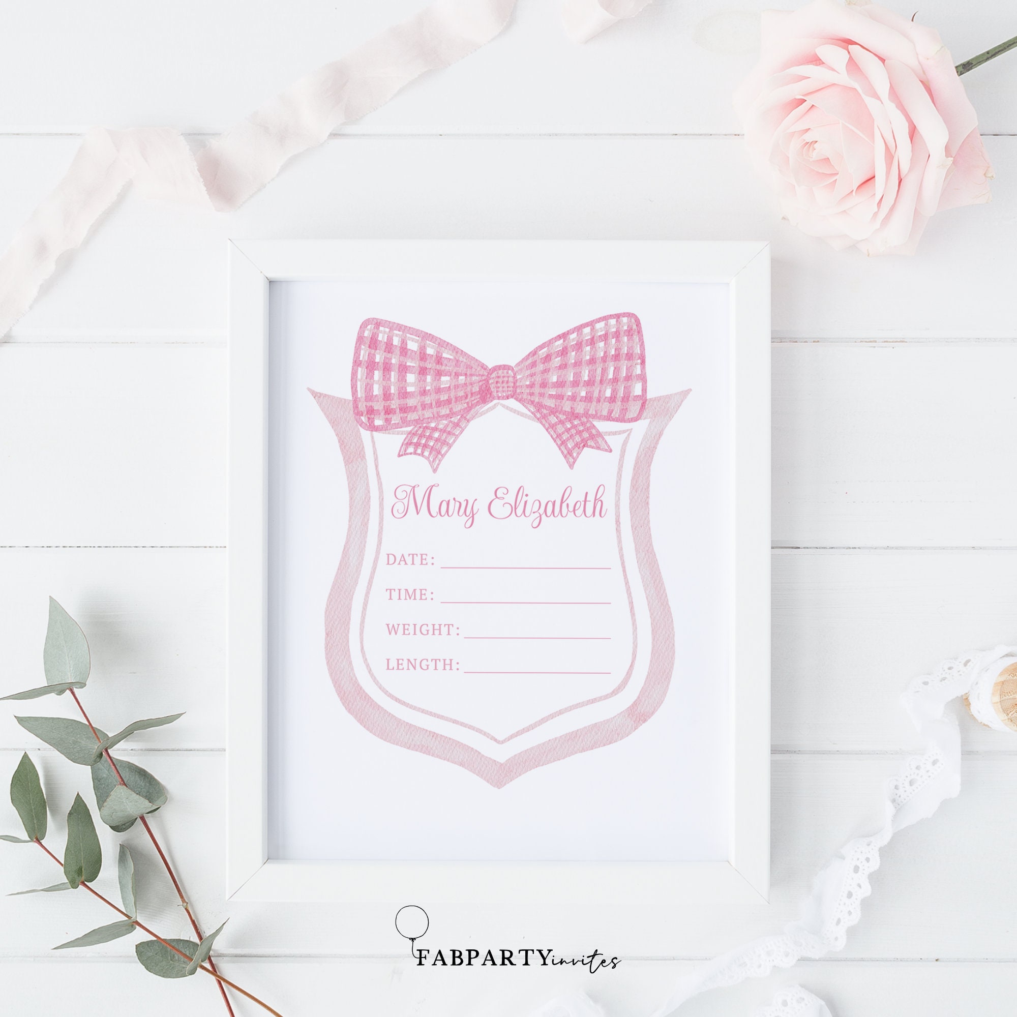 Baby Stats Sign Printable for Girl, Pink Crest Baby Stat Card for ...