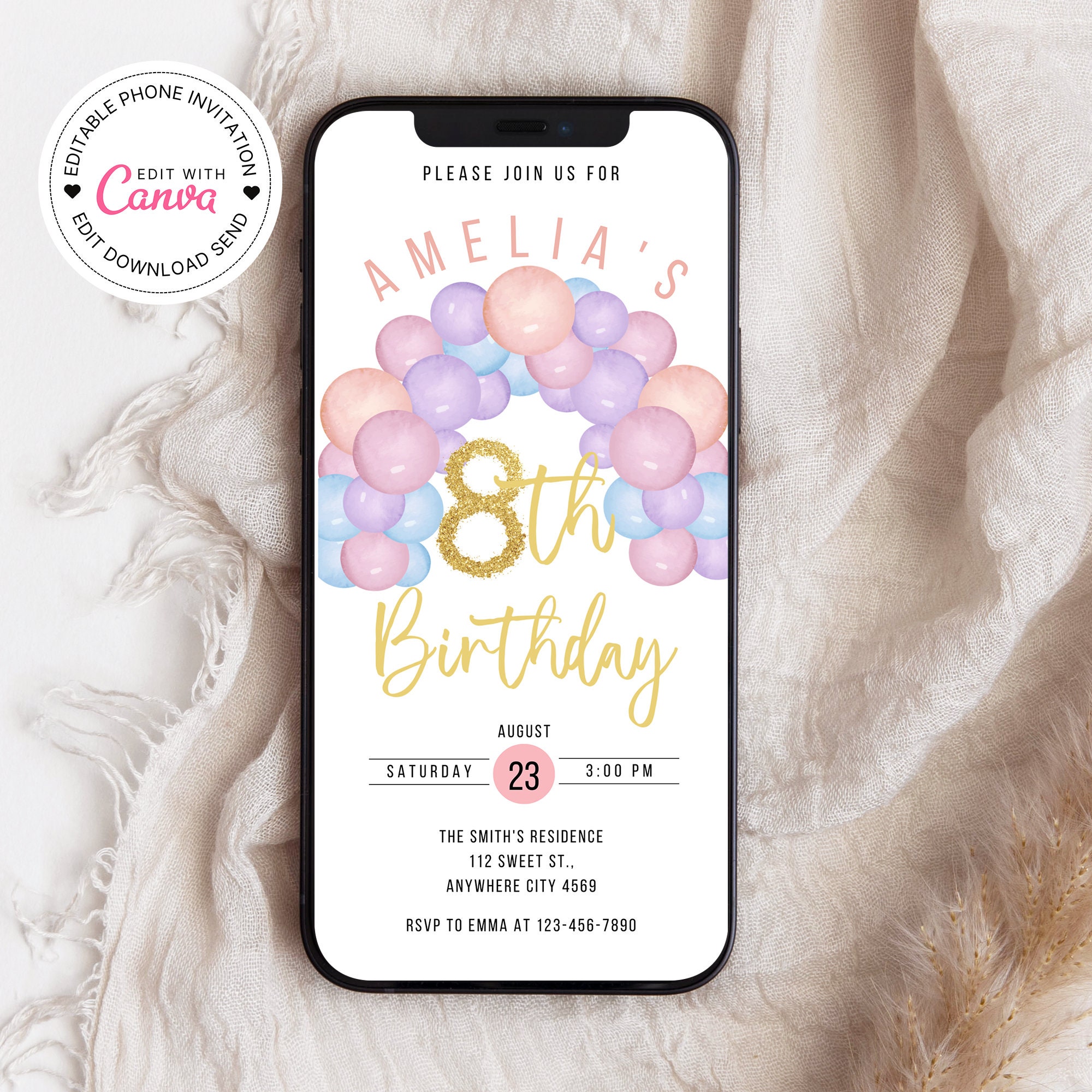 Pastel Rainbow 8th Birthday Evite Template, Eight Birthday Digital ...
