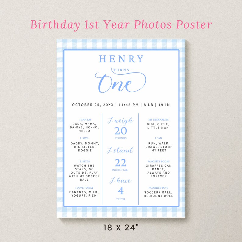 Milestone Sign First Birthday Boy, Blue Gingham Milestone Board ...