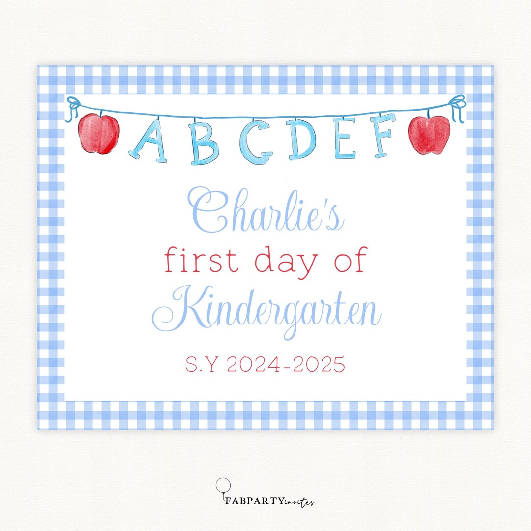 Blue Gingham First Day of School Sign, Boy School Sign Template ...