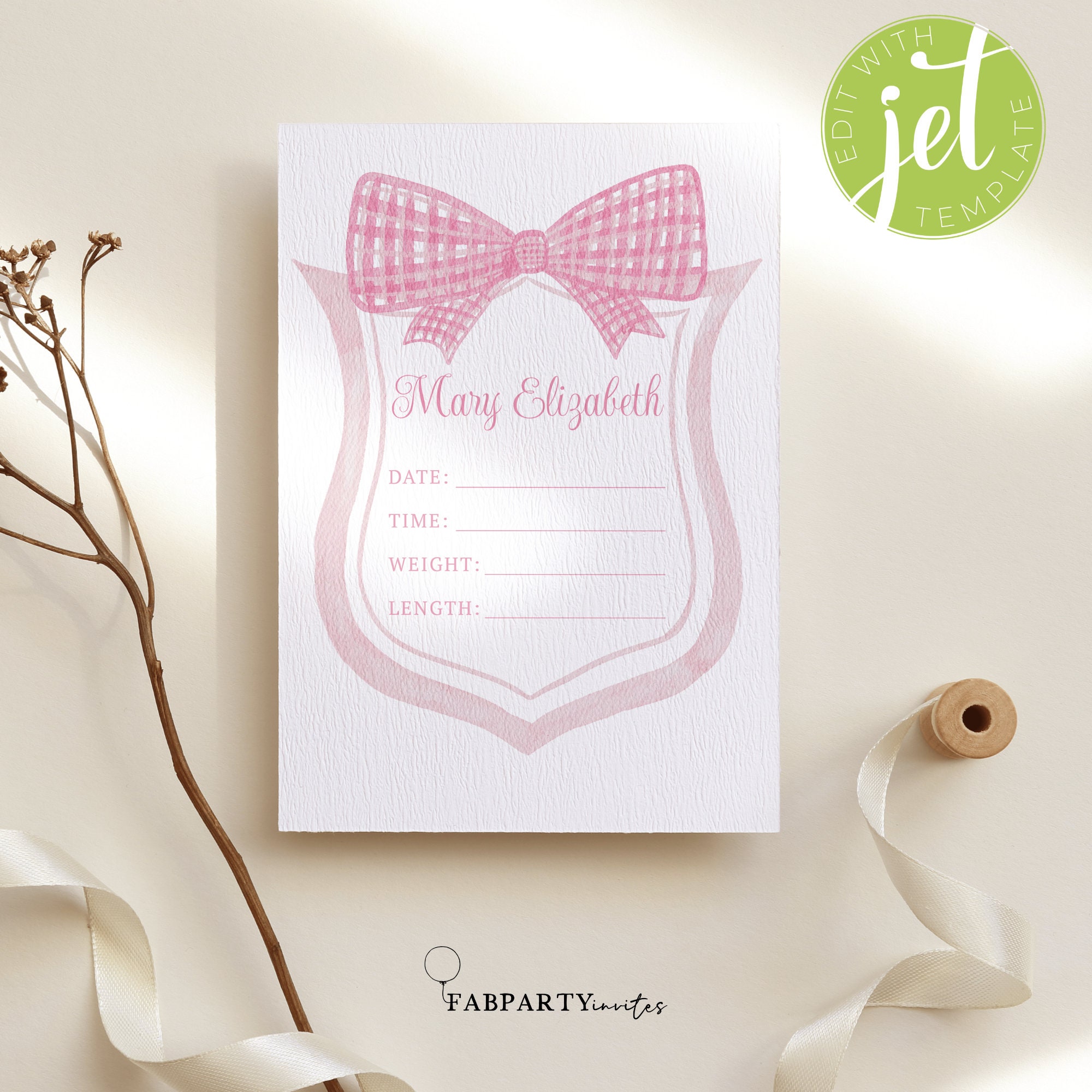 Baby Stats Sign Printable for Girl, Pink Crest Baby Stat Card for ...