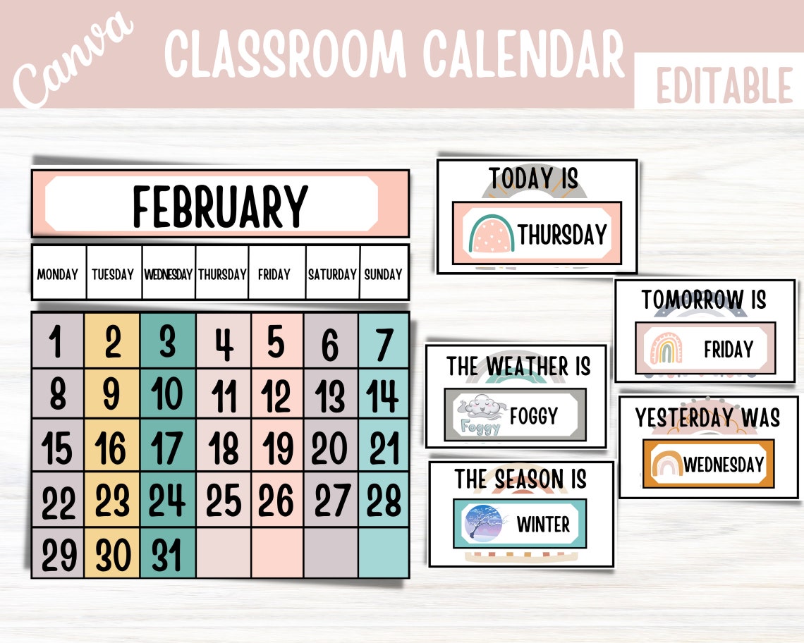 Boho Rainbow Classroom Calendar Display Editable Classroom - Etsy