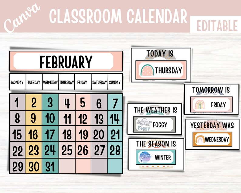 Boho Rainbow Classroom Calendar Display Editable Classroom - Etsy