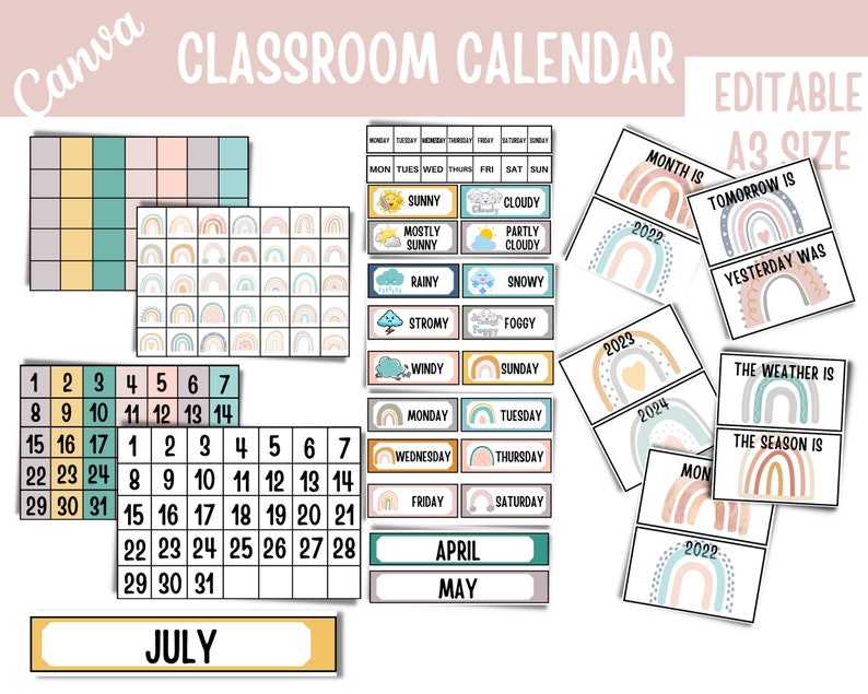 Boho Rainbow Classroom Calendar Display Editable Classroom - Etsy
